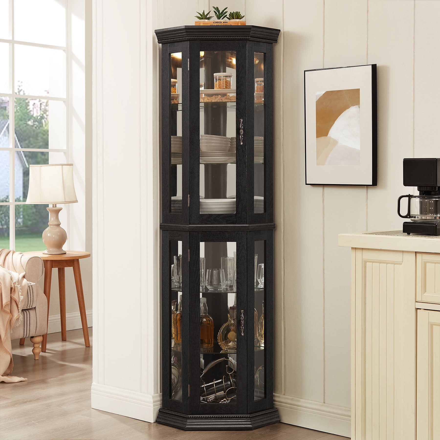S-HOME Black Lighted Corner Curio Cabinet with Glass Display Shelves ...