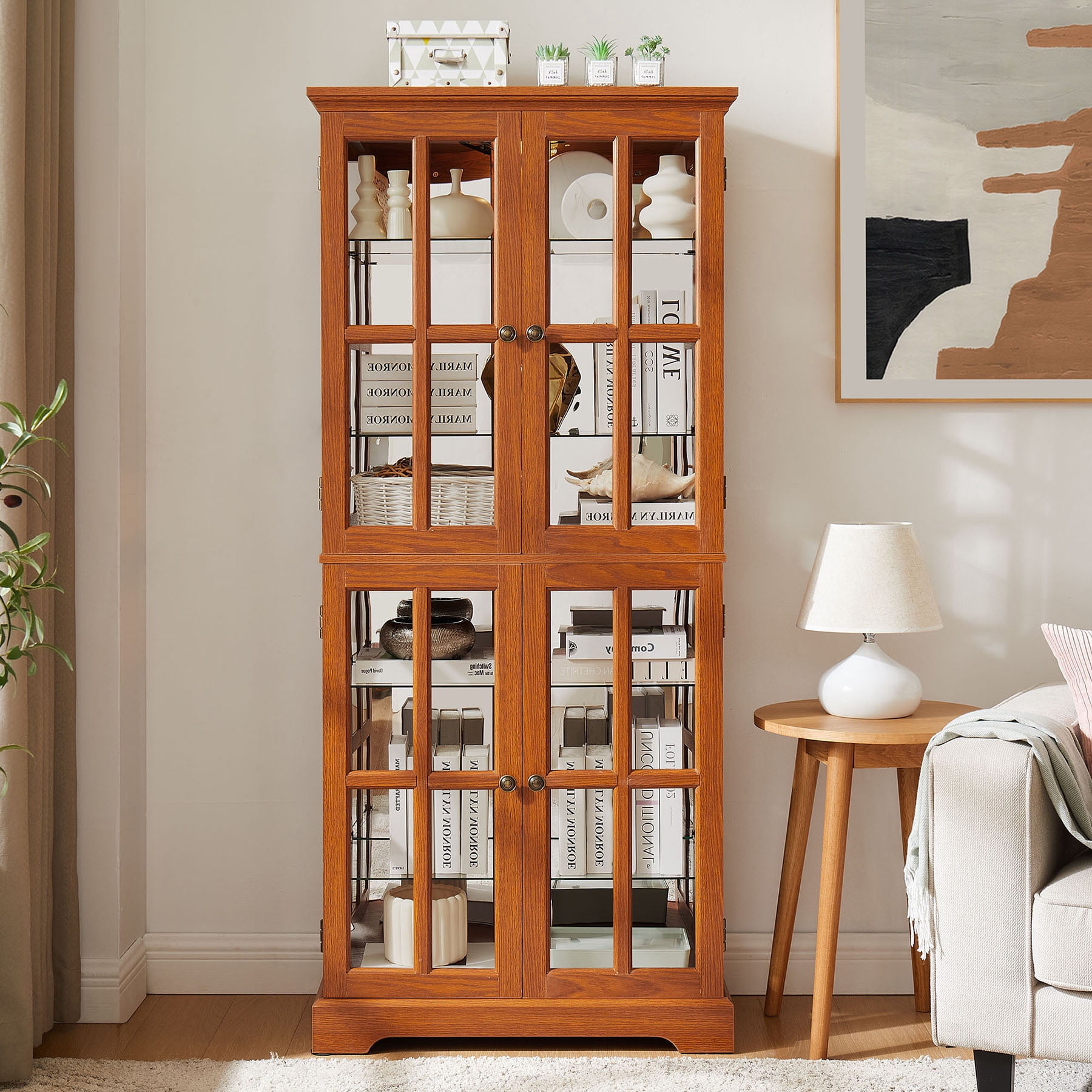 S-HOME Display Cabinet with Adjustable Shelves, Four Door Glass ...