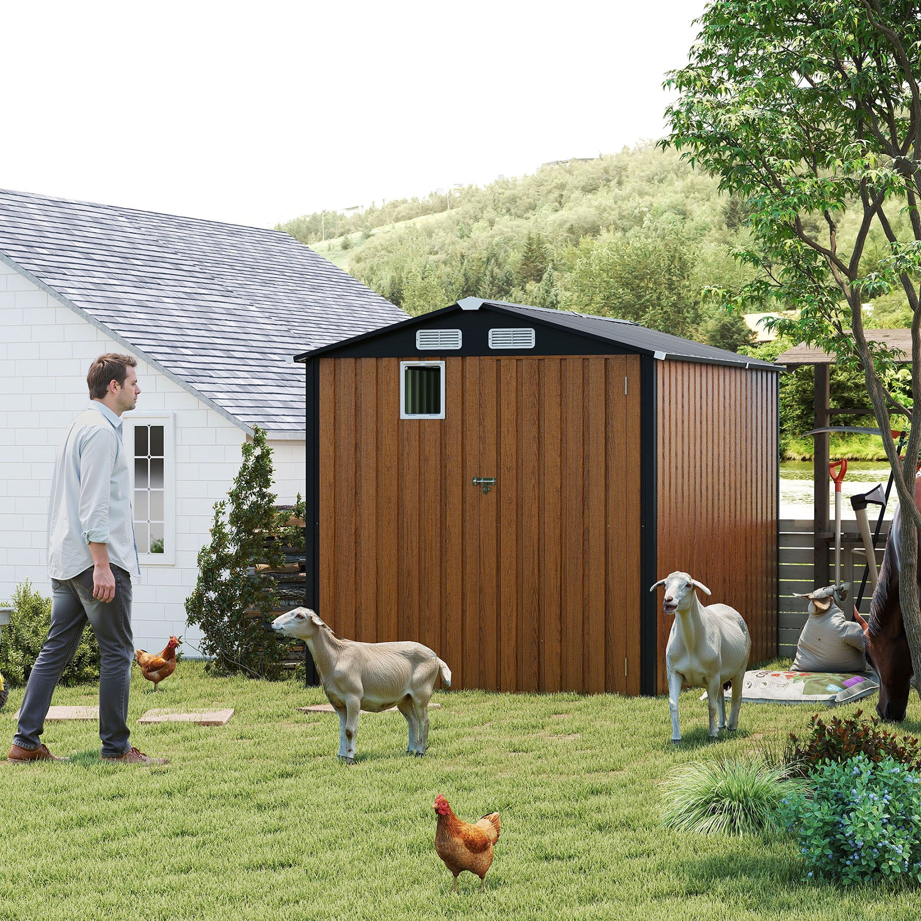 S-HOME Durable 6x8FT Outdoor Steel Storage Shed with Clear Window and ...