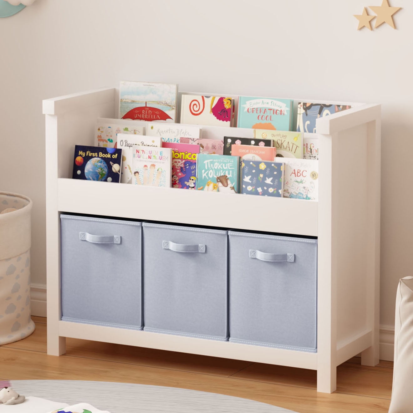S-HOME Front-Facing Kids Bookshelf with 3 Fabric Storage Bins - White ...