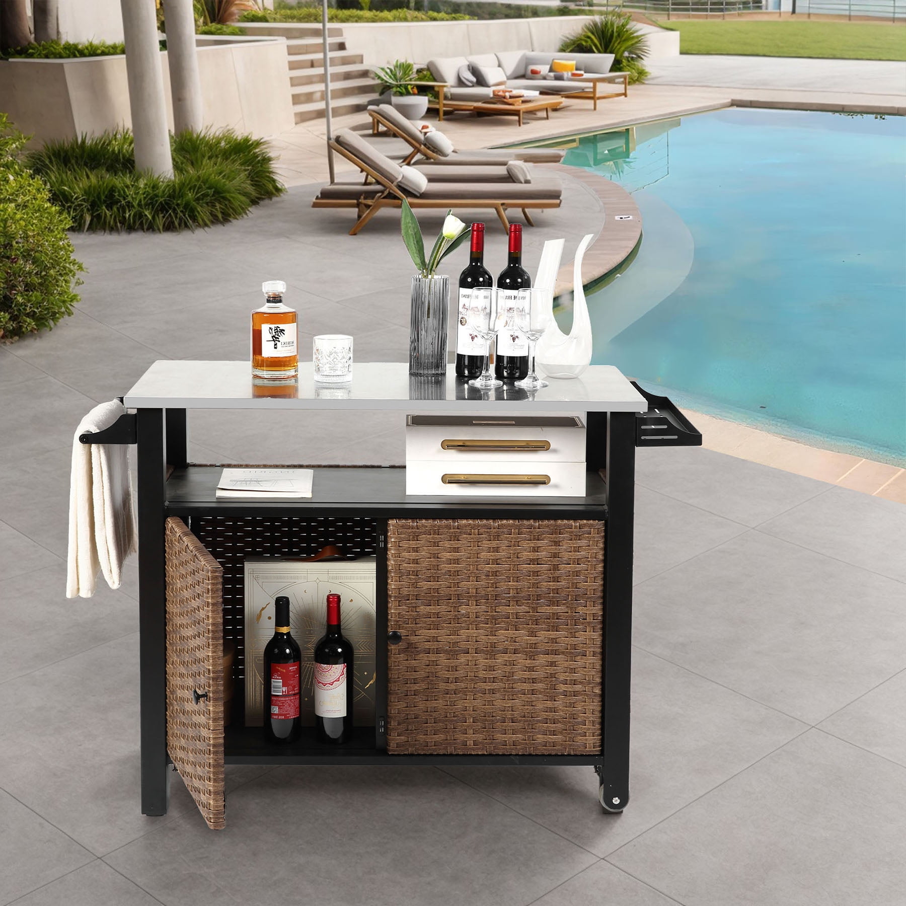 S-HOME Large Outdoor Wicker Bar Cart with Stainless Steel Expanded Table Top, Rolling Storage ...