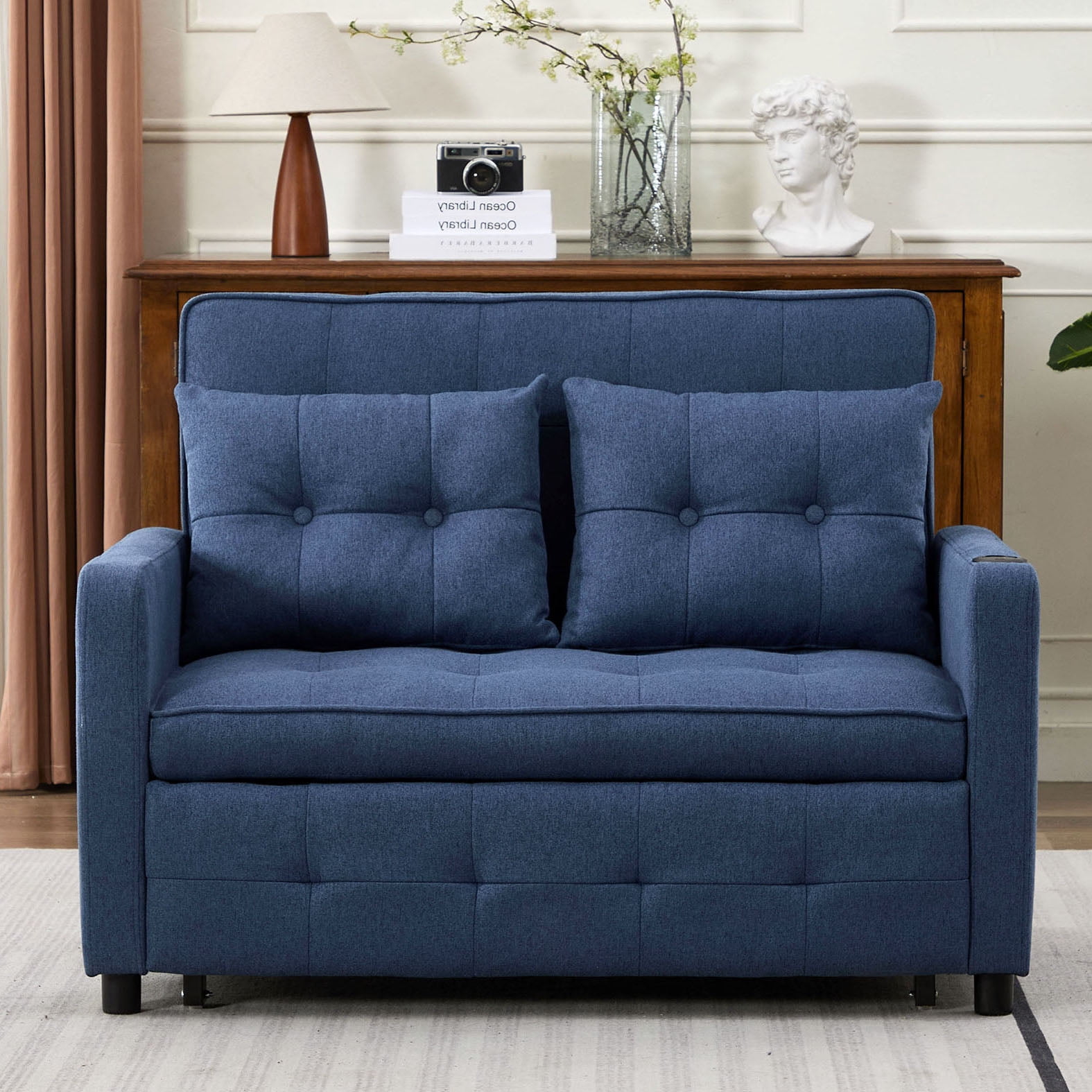 S-HOME Linen Pull Out Chair Bed with Adjustable Backrest, USB Port and ...