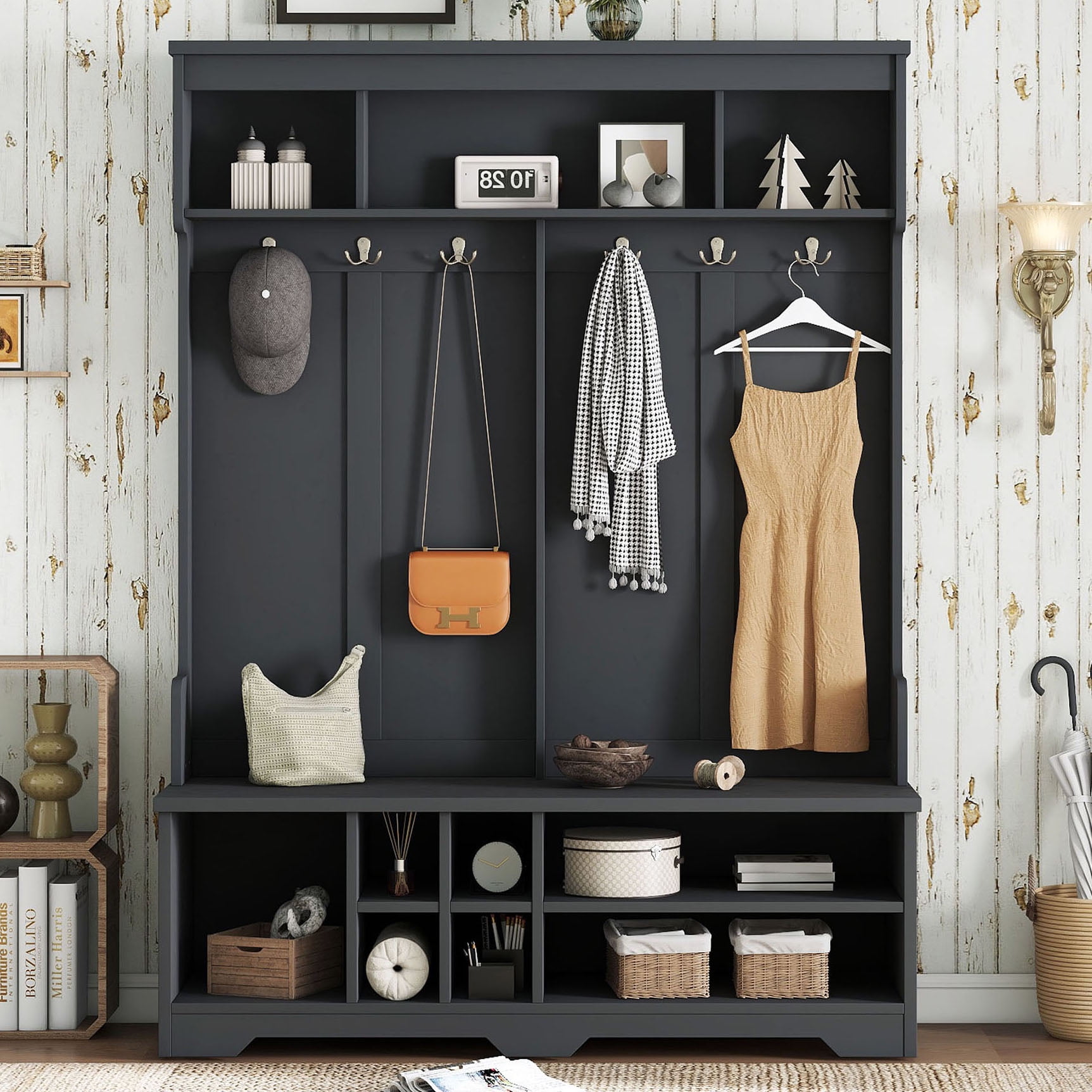 S-HOME MDF Hall Tree with Finish, 6 Hooks and Shoe Storage Compartment ...