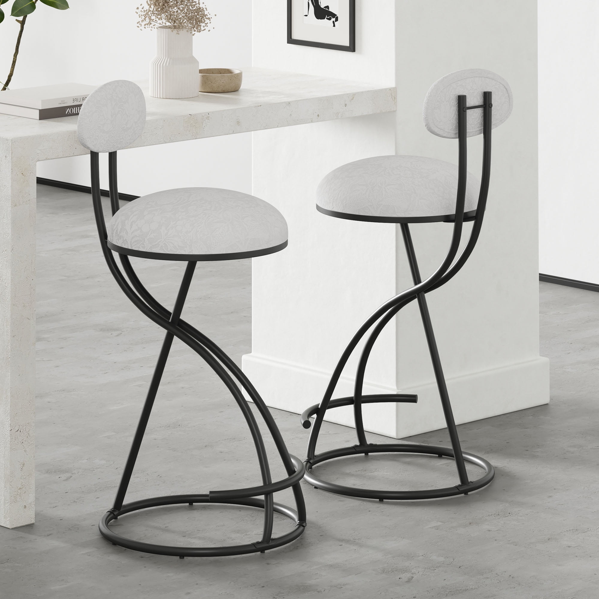 S-HOME Round Print Bar Stools Set of 2 in Black Metal Upholstered ...