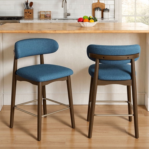 S-HOME Solid Wood Bar Stools Set of 2, 26.5" Bar Height, Linen-Blend ...