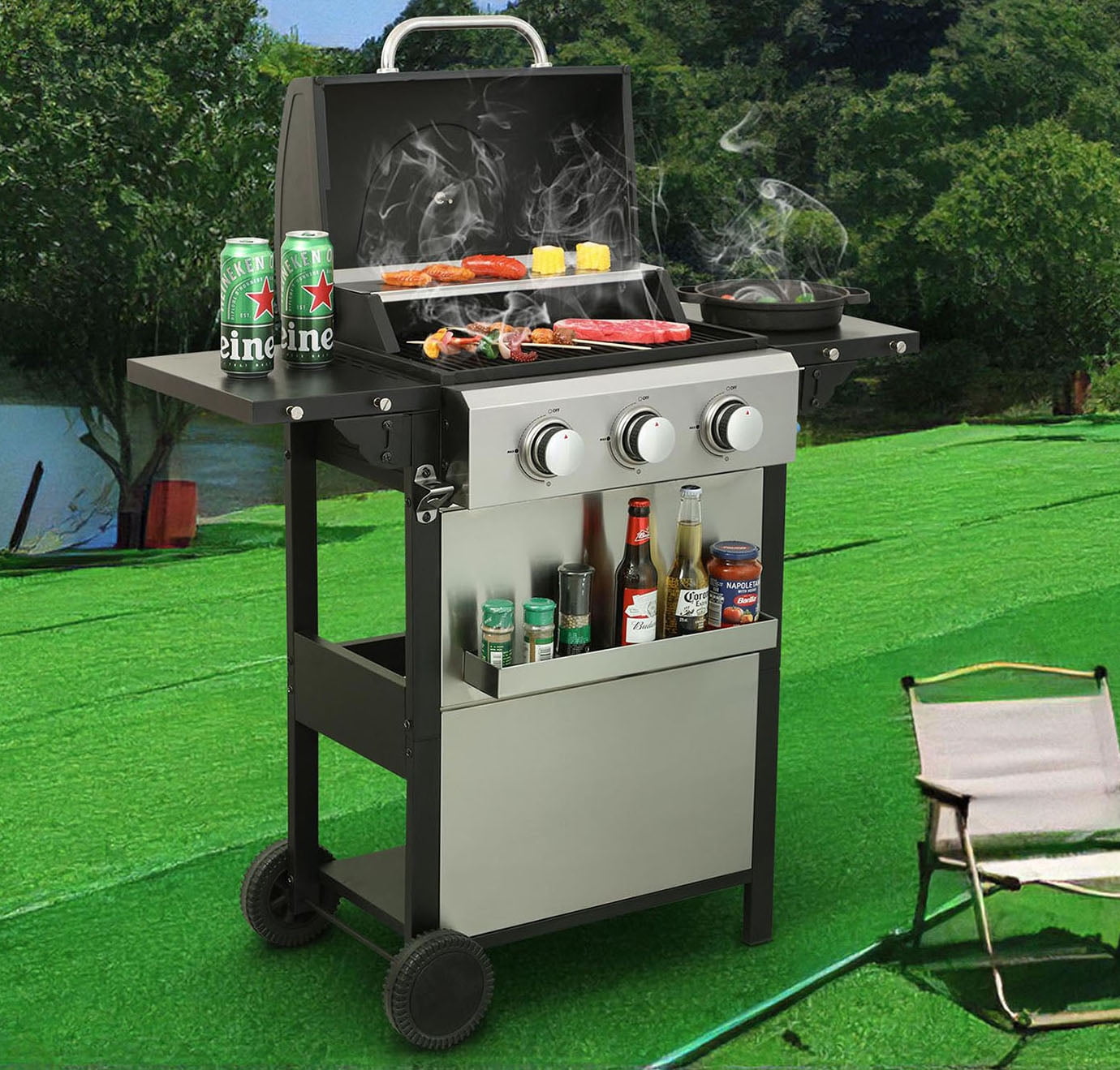 S-HOME Three Burner Gas Grill with Durable Build Perfect for Outdoor ...