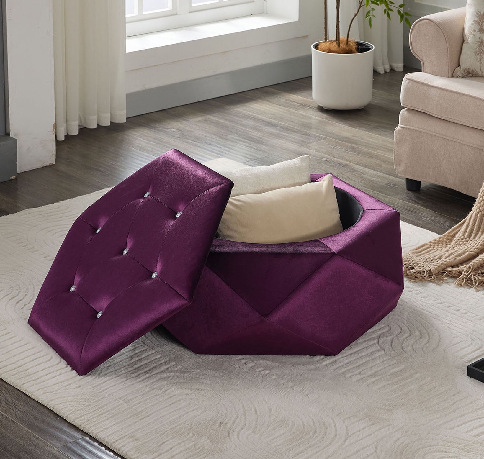 S-HOME Velvet Polygon Diamond Tufted Storage Ottoman, Cozy Seating ...
