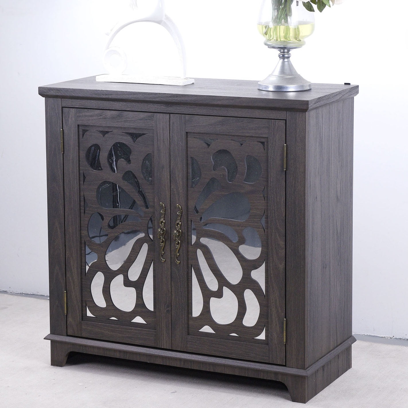 S-HOME Versatile Hollow-Carved Accent Cabinet, Features 2 Mirrored ...
