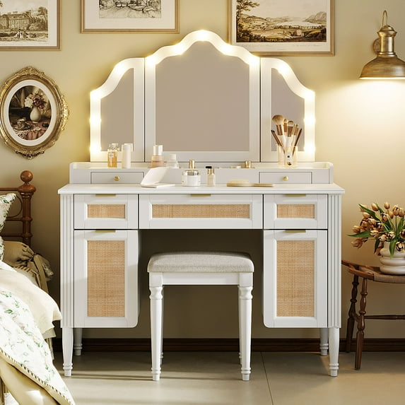 S-HOME White Makeup Vanity Desk With 13 Hollywood Lights, Tri-Fold ...