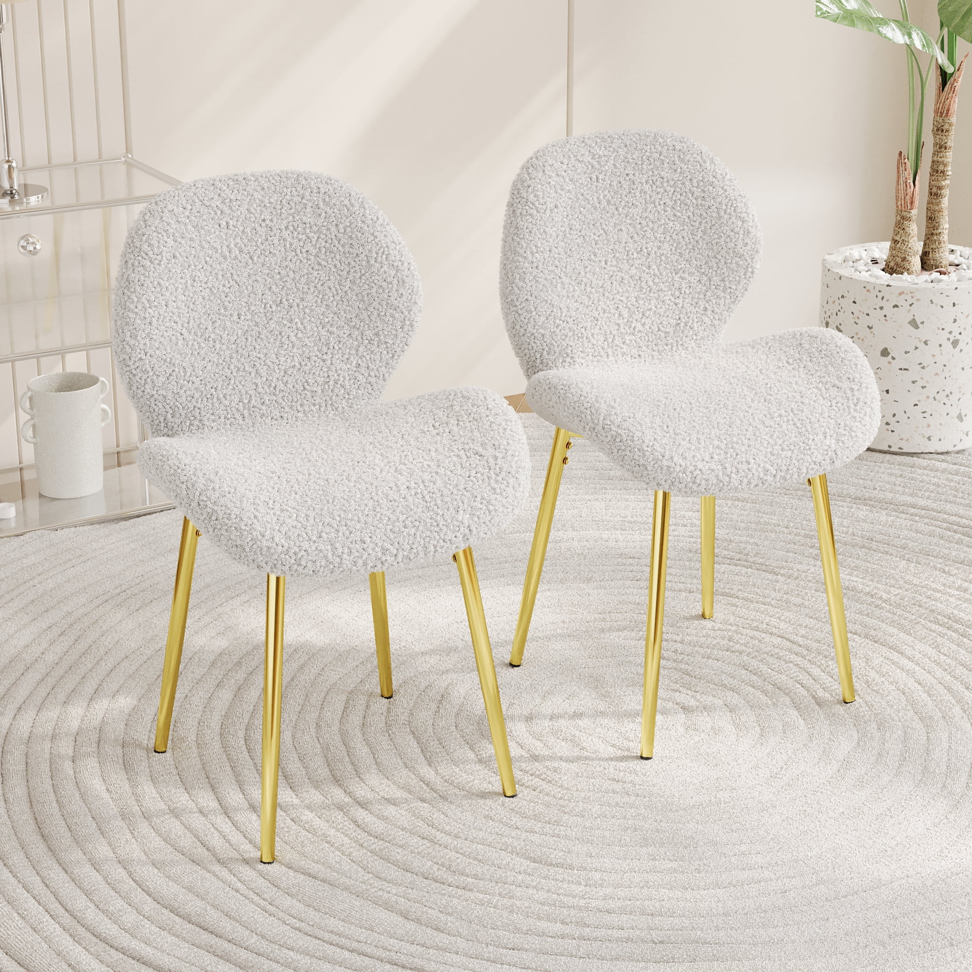 S-HOME White Teddy Velvet Dining Chairs Set of 2 Featuring Durable Gold Metal Legs Perfect for ...