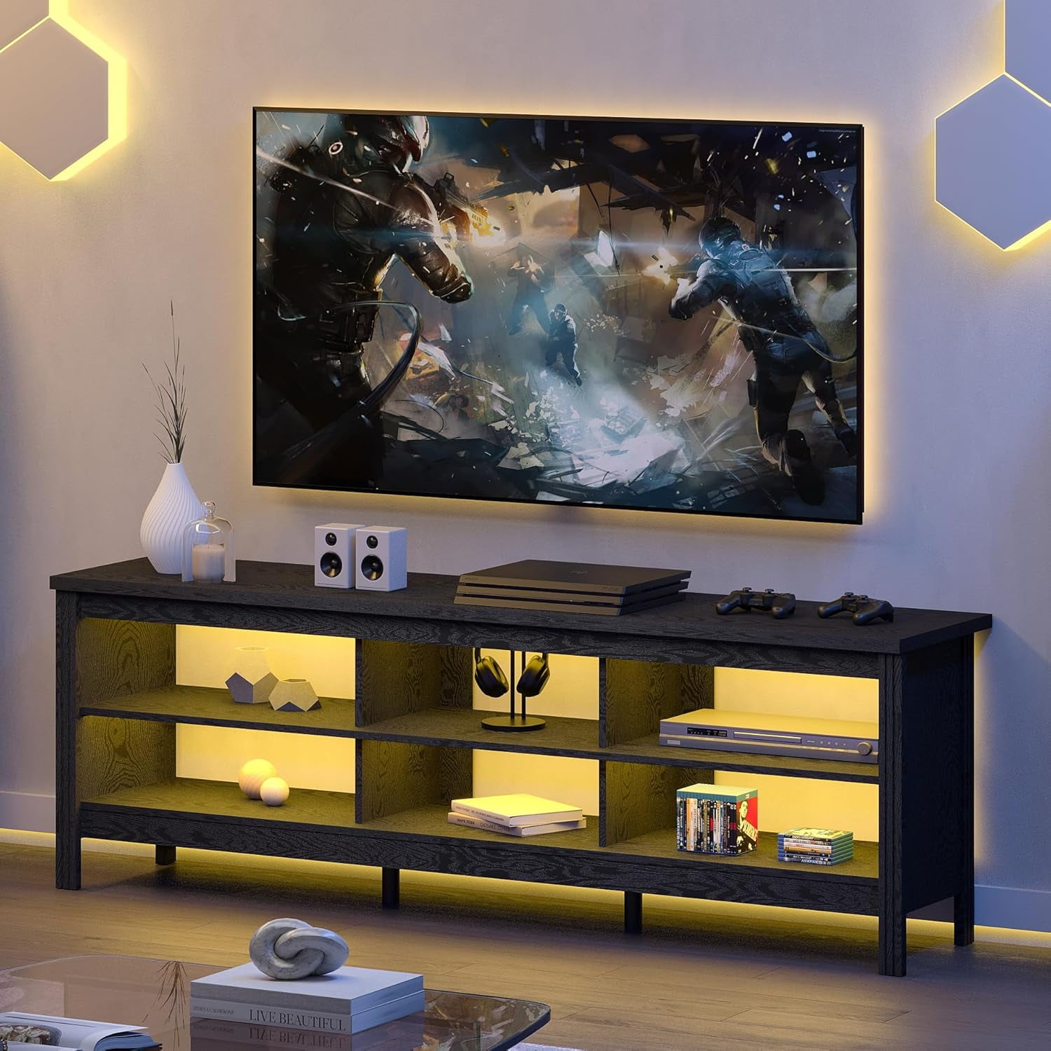 S LED TV Stand for 75 inch TV with Yellow LED Light, Black ...