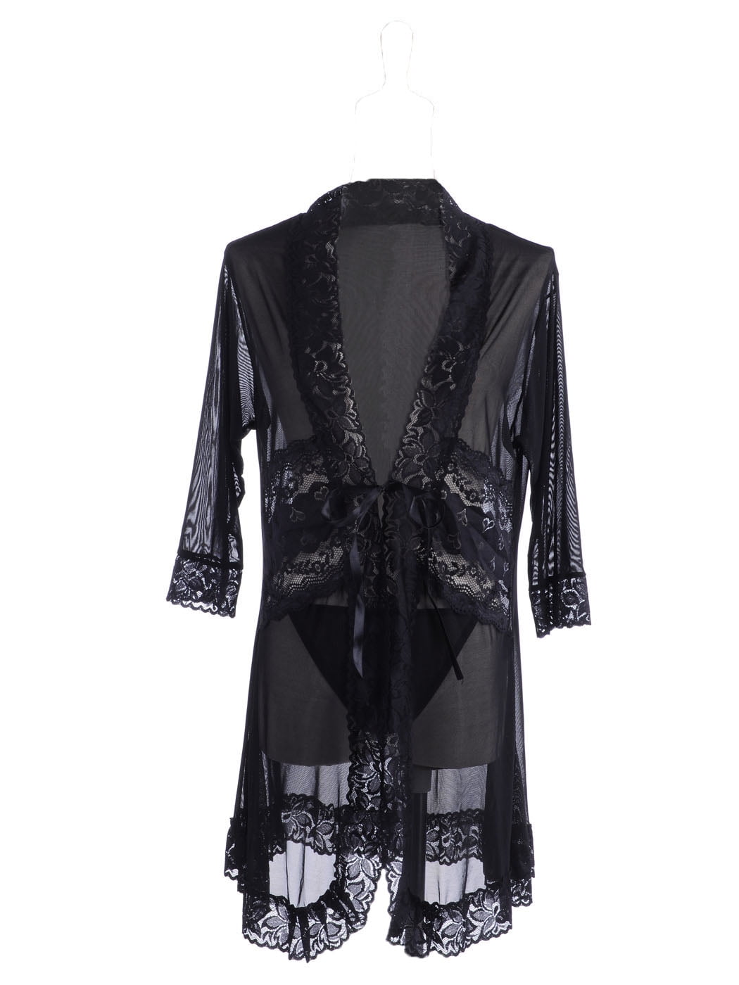 S/M Fit Black Open Tie Bow Front with Wide Lace Floral Trim Negligee ...