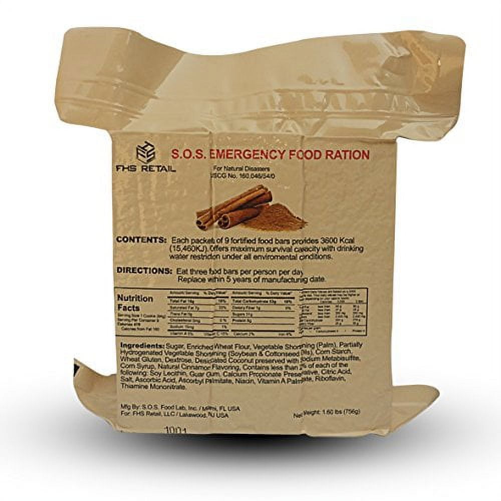 S.O.S. Rations Emergency 3600 Calorie Cinnamon Flavor Food Bar - 3 Day / 72 Hour Package with 5 ...