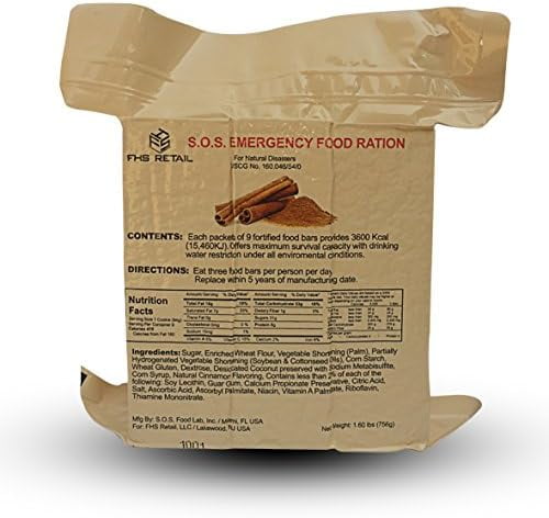 S.O.S. Rations Emergency 3600 Calorie Cinnamon Flavor Food Bar - 3 Day / 72 Hour Package with 5 ...