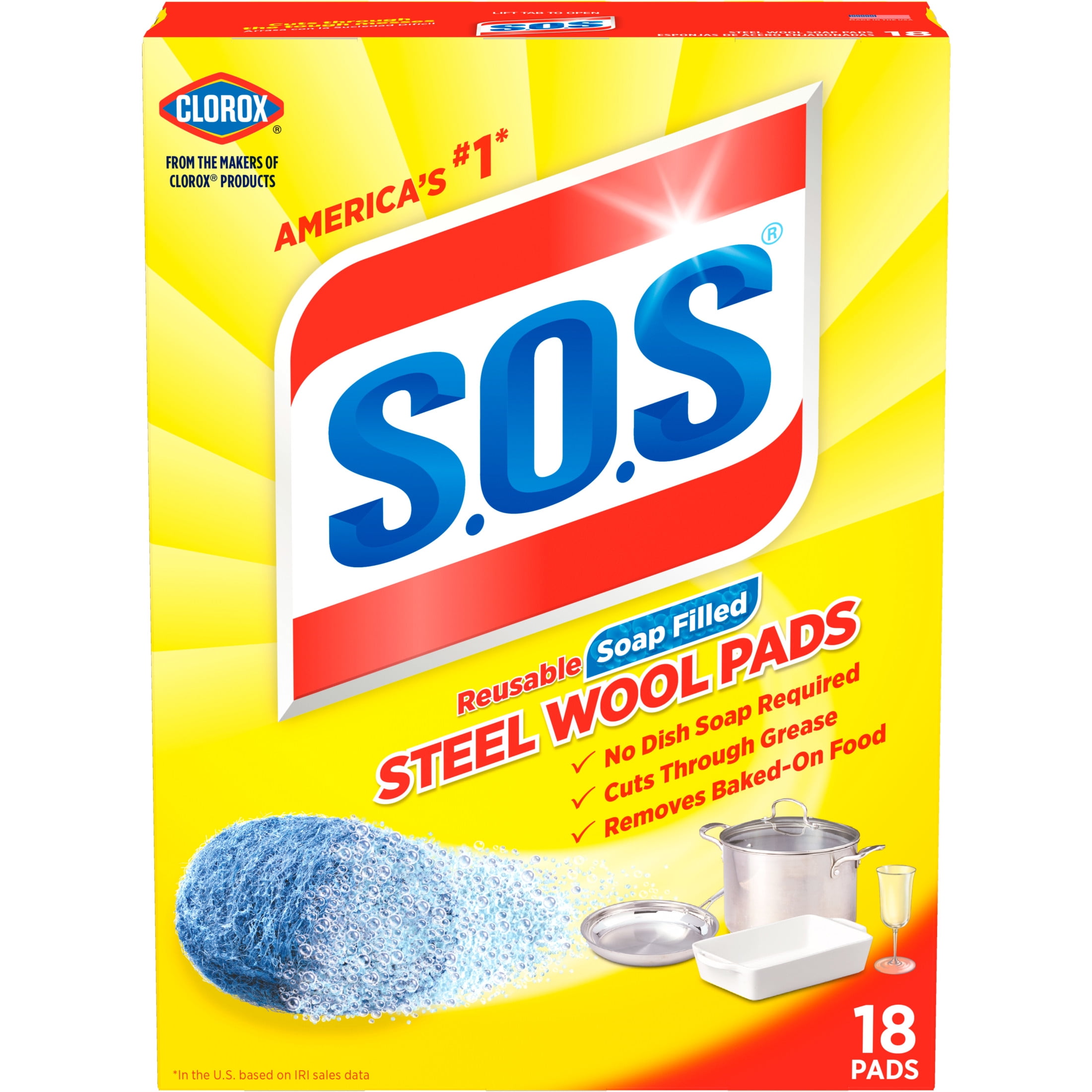 SOS Steel Wool Dish Scrubber Pads, 18 Pack for Tough Grease and Baked ...