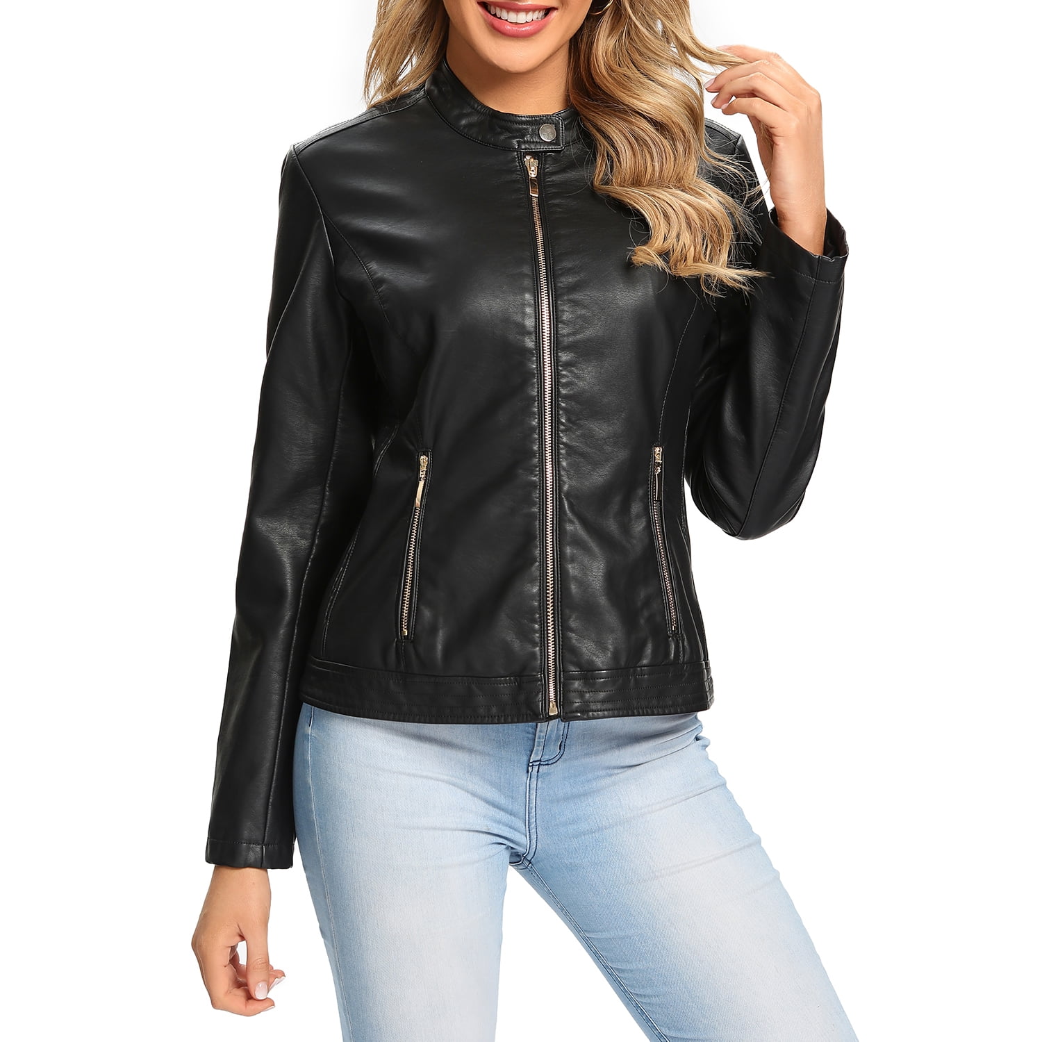 S P Y M Womens Faux Leather Jacket, Casual Fashion Zip Up Round Collar Coat,Regular and Plus ...