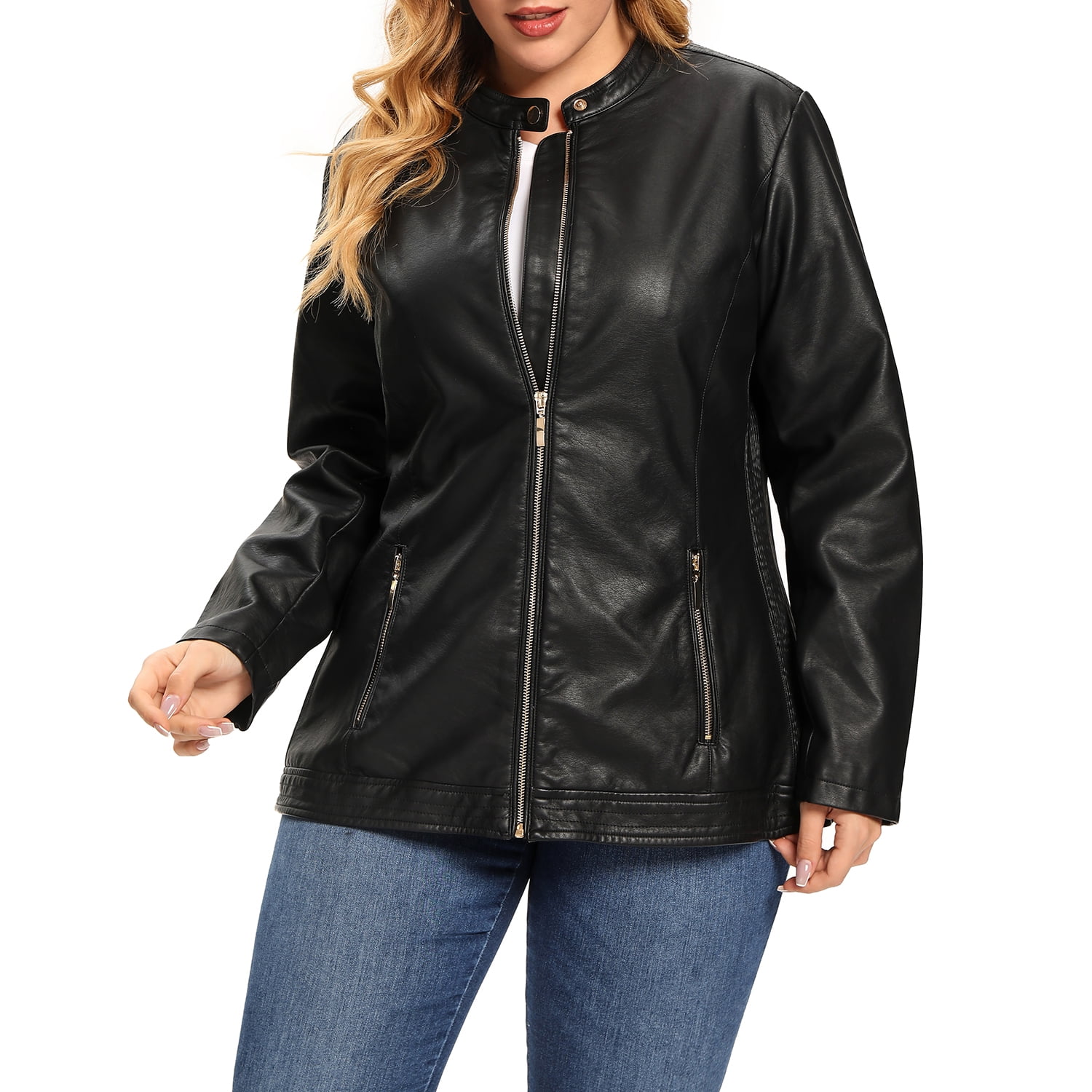 S P Y M Womens Faux Leather Jakcet, Casual Fashion Zip Up Round Collar Coat,Regular and Plus ...
