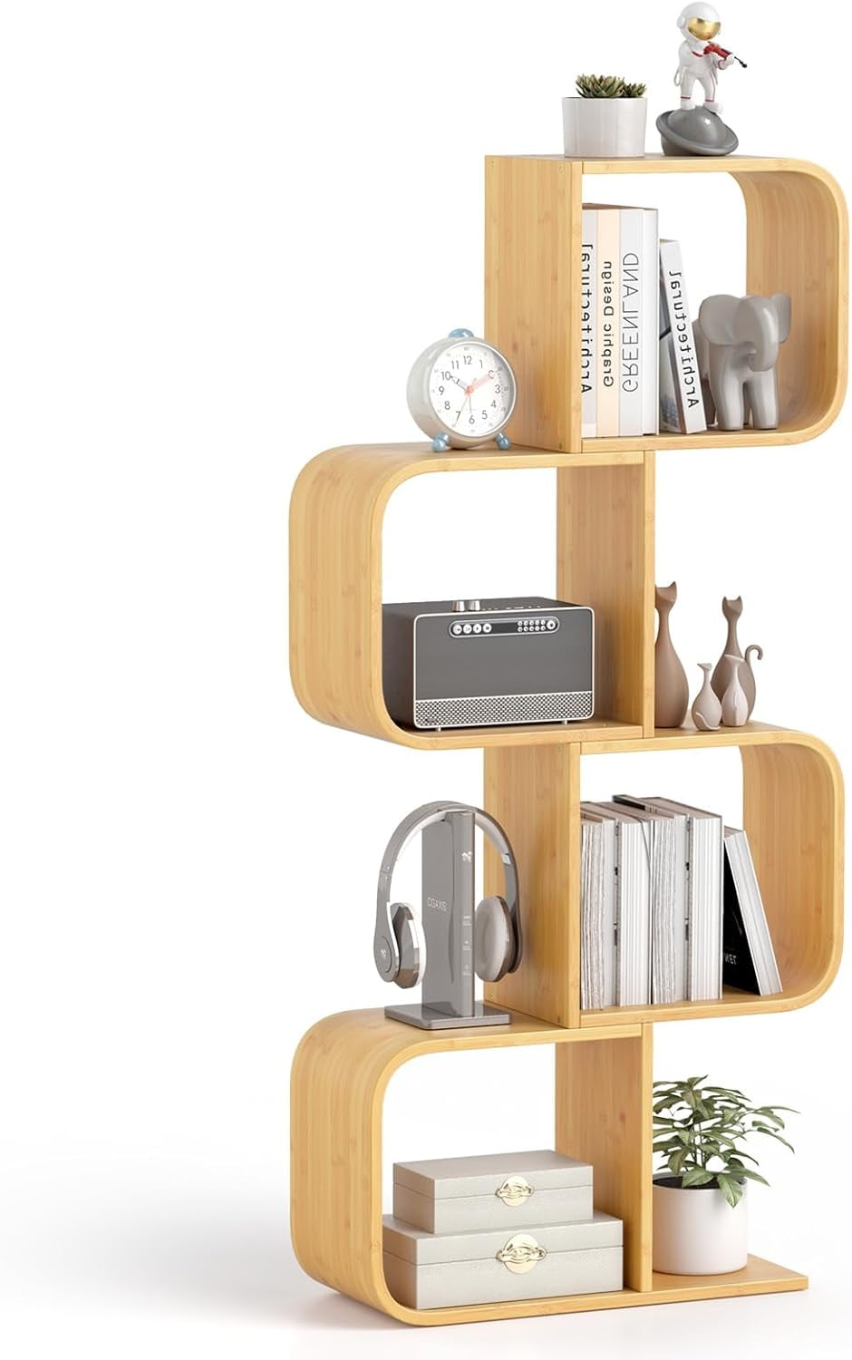 S-Shaped Bookcase, 4-Tier Bamboo Bookshelf with 4 Open Cubes, Geometric ...
