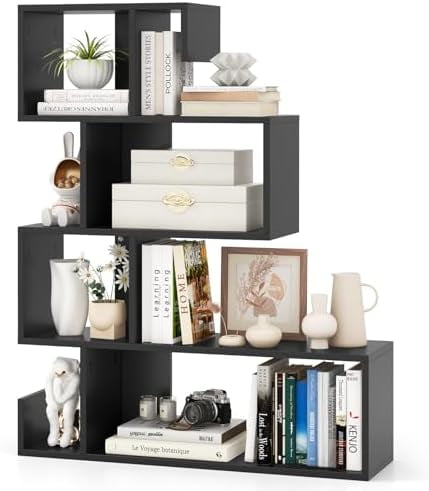 S-Shaped Bookshelf, 5-Tier Modern Geometric Stepped Bookcase with Anti ...