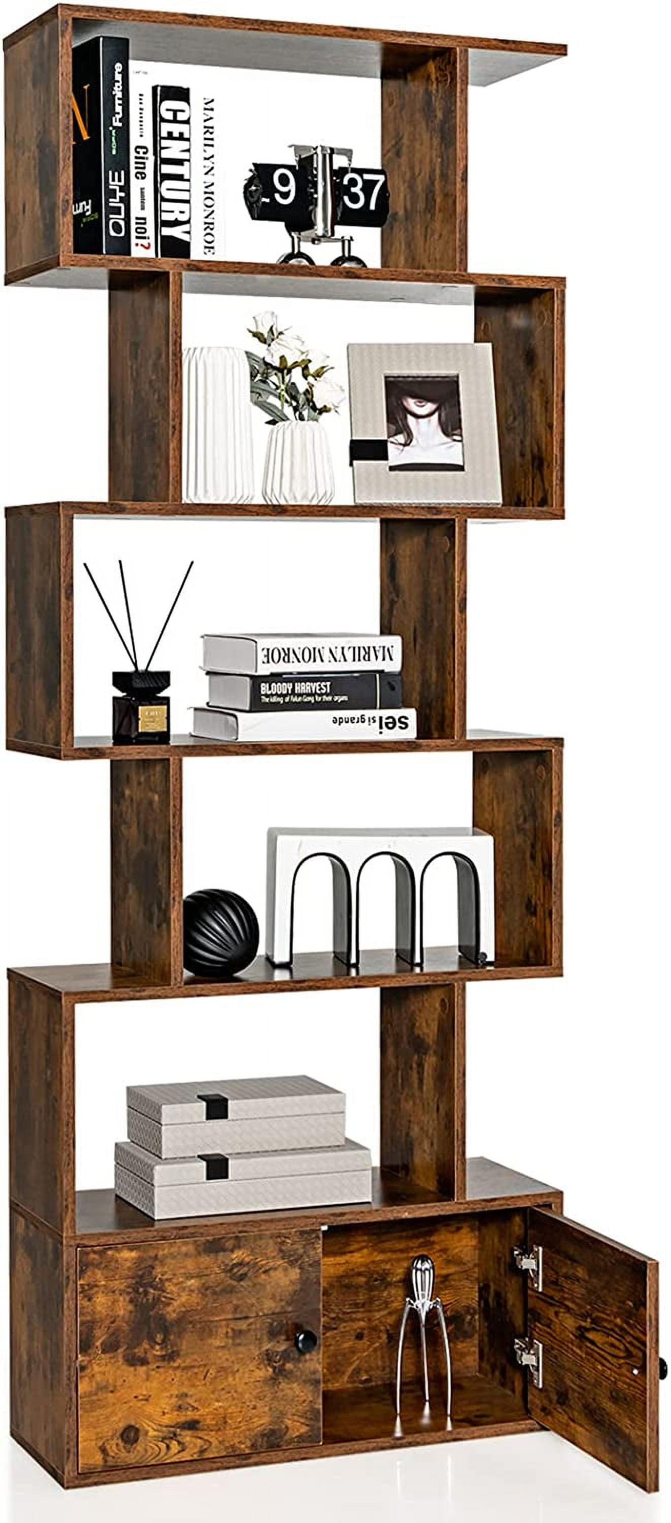 S Shaped Bookshelf with Cabinet, 6-Tier Bookcase with Doors ...
