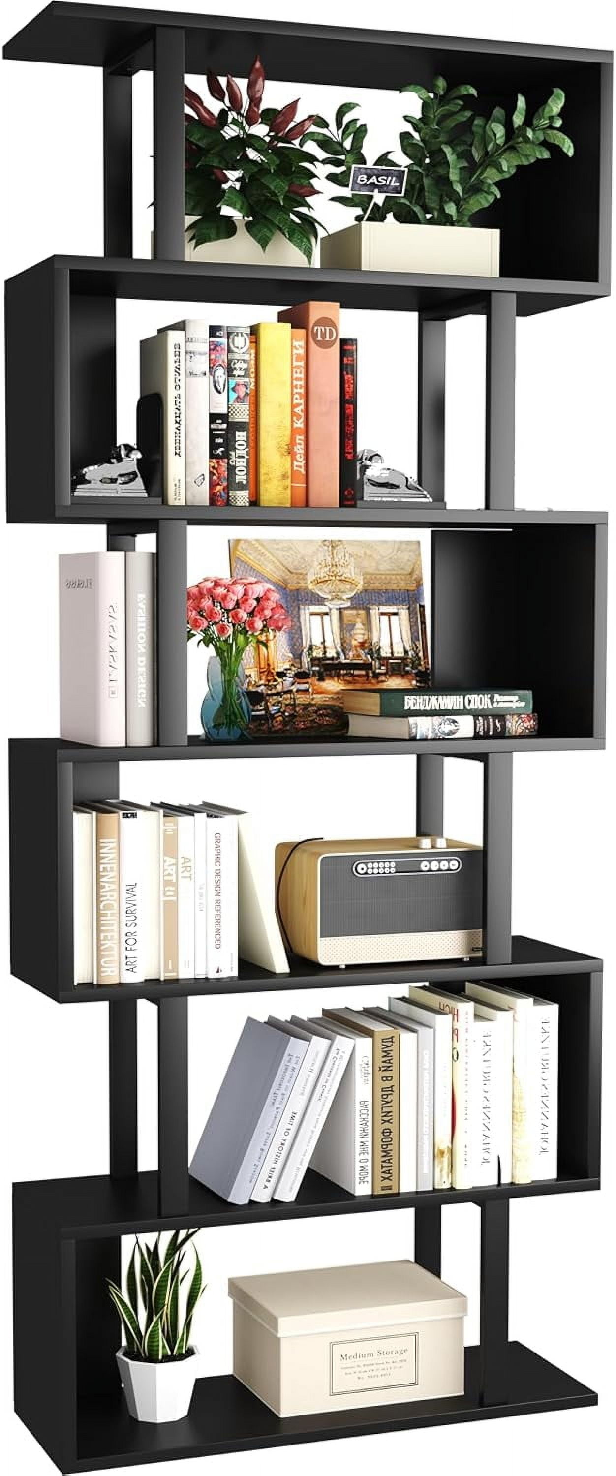 S Shaped Bookshelf, Modern Geometric Bookcase, 6-Tier Black Display ...