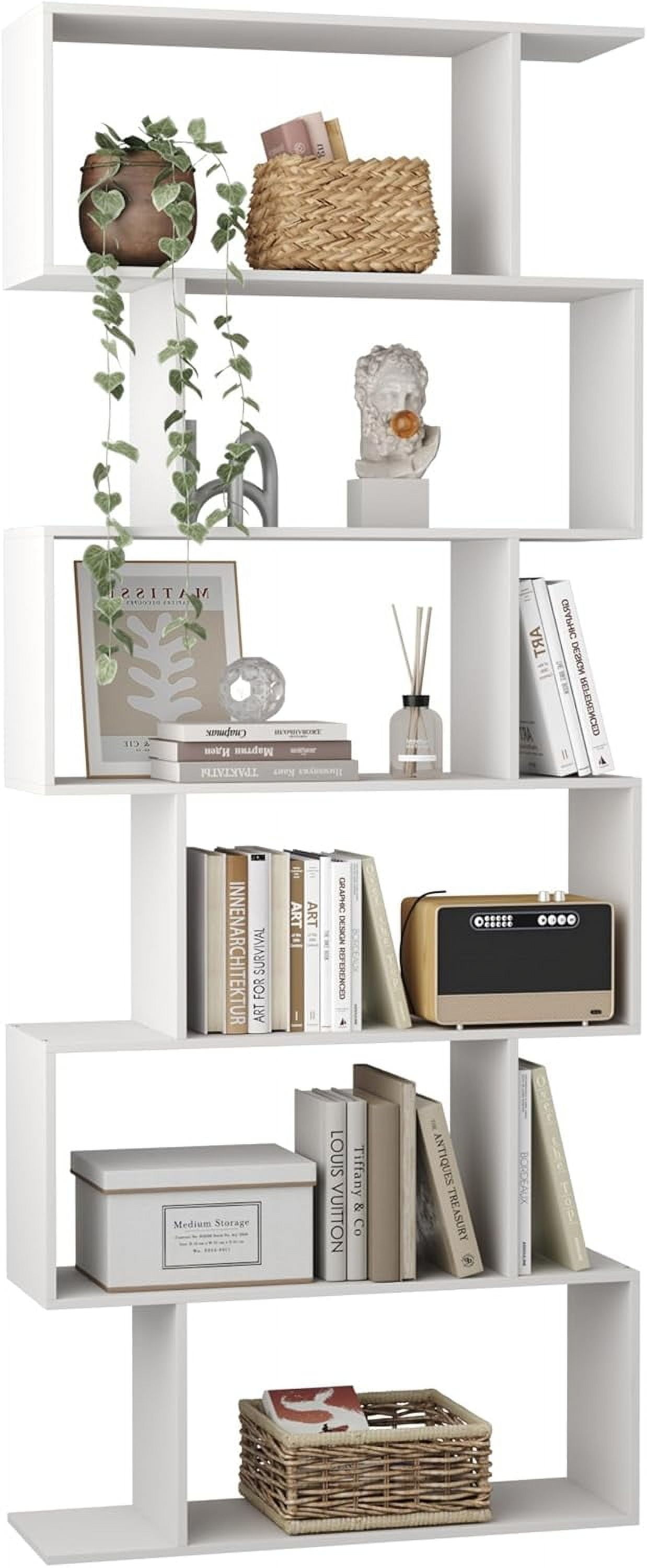 S Shaped Bookshelf, Modern Geometric Bookcase, 6-Tier White Display ...