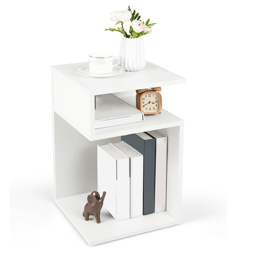 S-Shaped End Table, Sofa Side Table with 2 Open Compartments, Modern ...