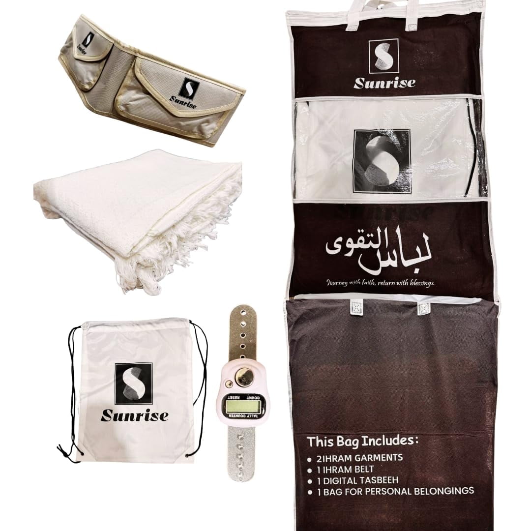 S Sunrise Complete Ihram Package for Hajj and Umrah - 2 Polyester Ihram ...