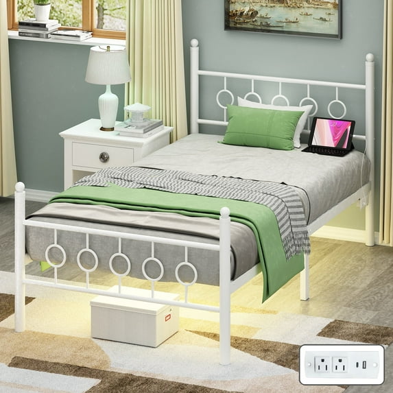S.Tcak Twin Bed Frames with Headboard, LED Bed Frame with Charging ...