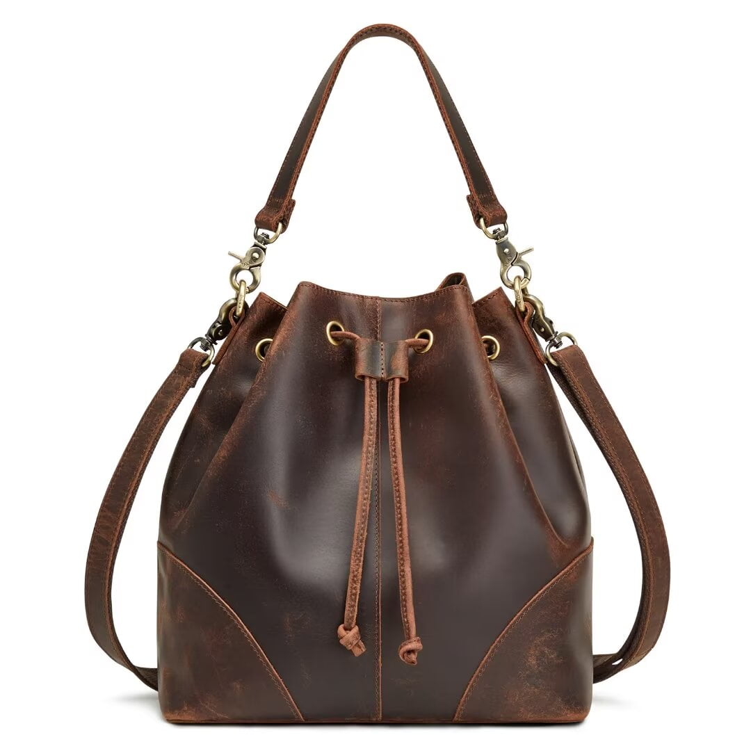 S-ZONE Genuine Leather Bucket Bags for Women Drawstring Crossbody ...