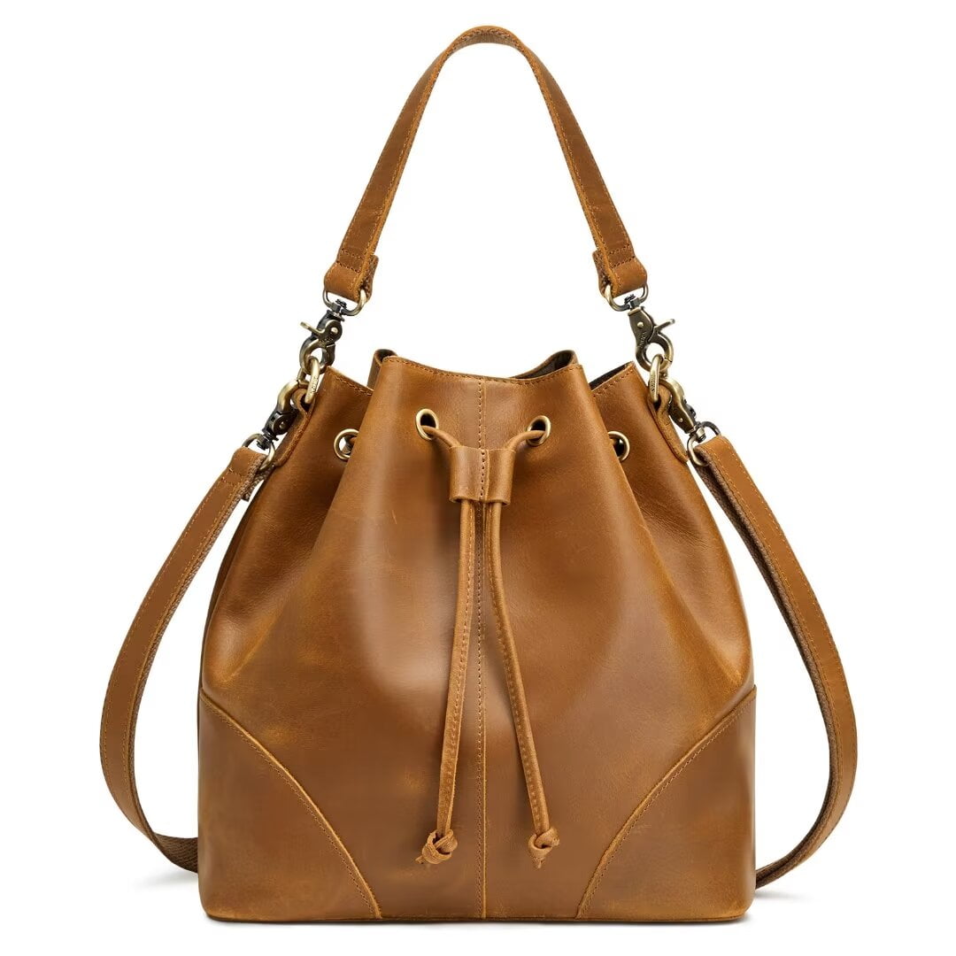 S-ZONE Genuine Leather Bucket Bags for Women Drawstring Crossbody ...