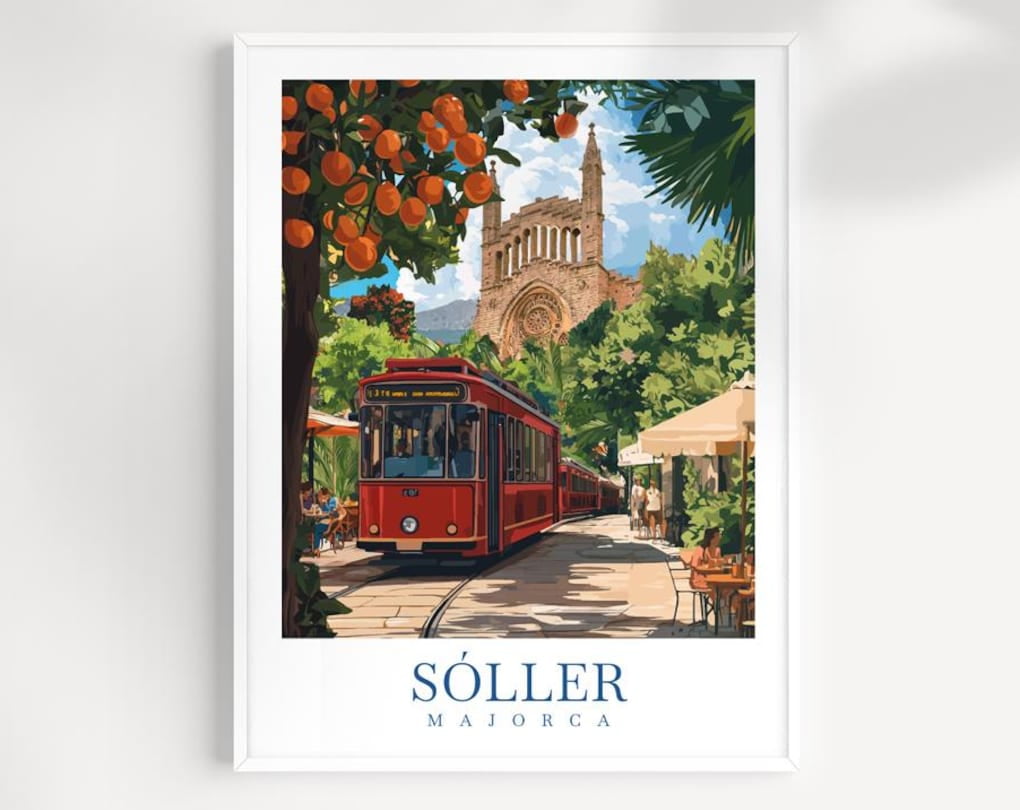 Sóller Travel Print, Mallorca Wall Art, Illustrated Spanish Town Poster ...