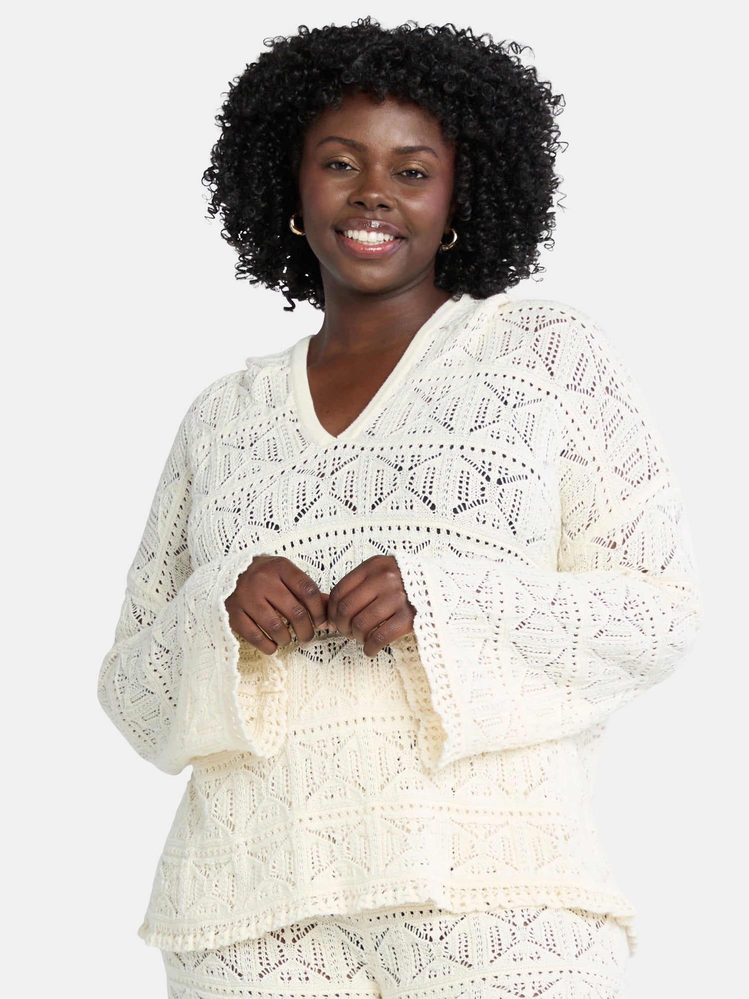 Time and Tru Women's and Women's Plus Cotton Macrame Hoodie Coverup ...