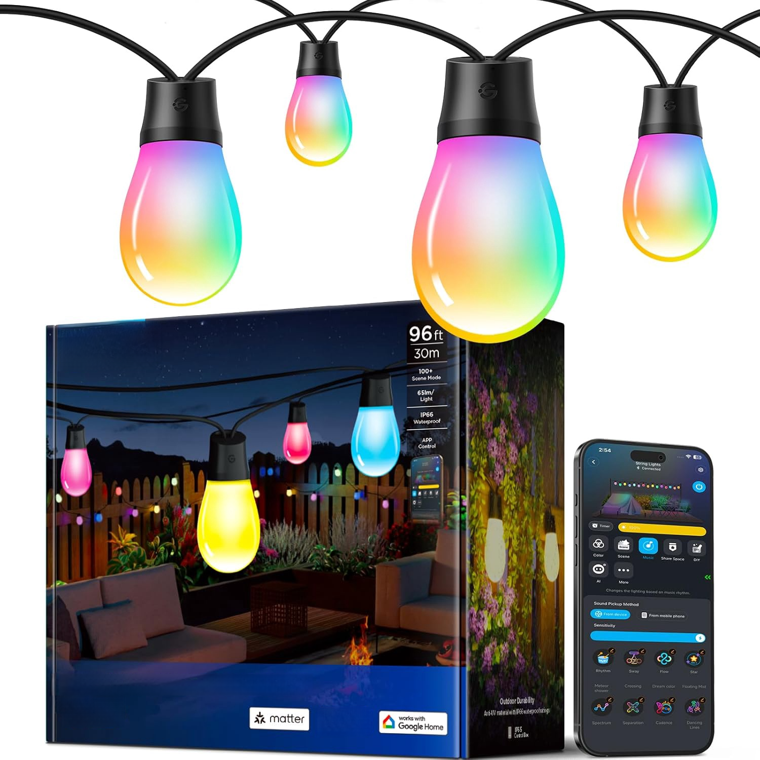 S14 Bulb Outdoor String Lights 2, 96ft Smart RGBIC Warm White Patio ...