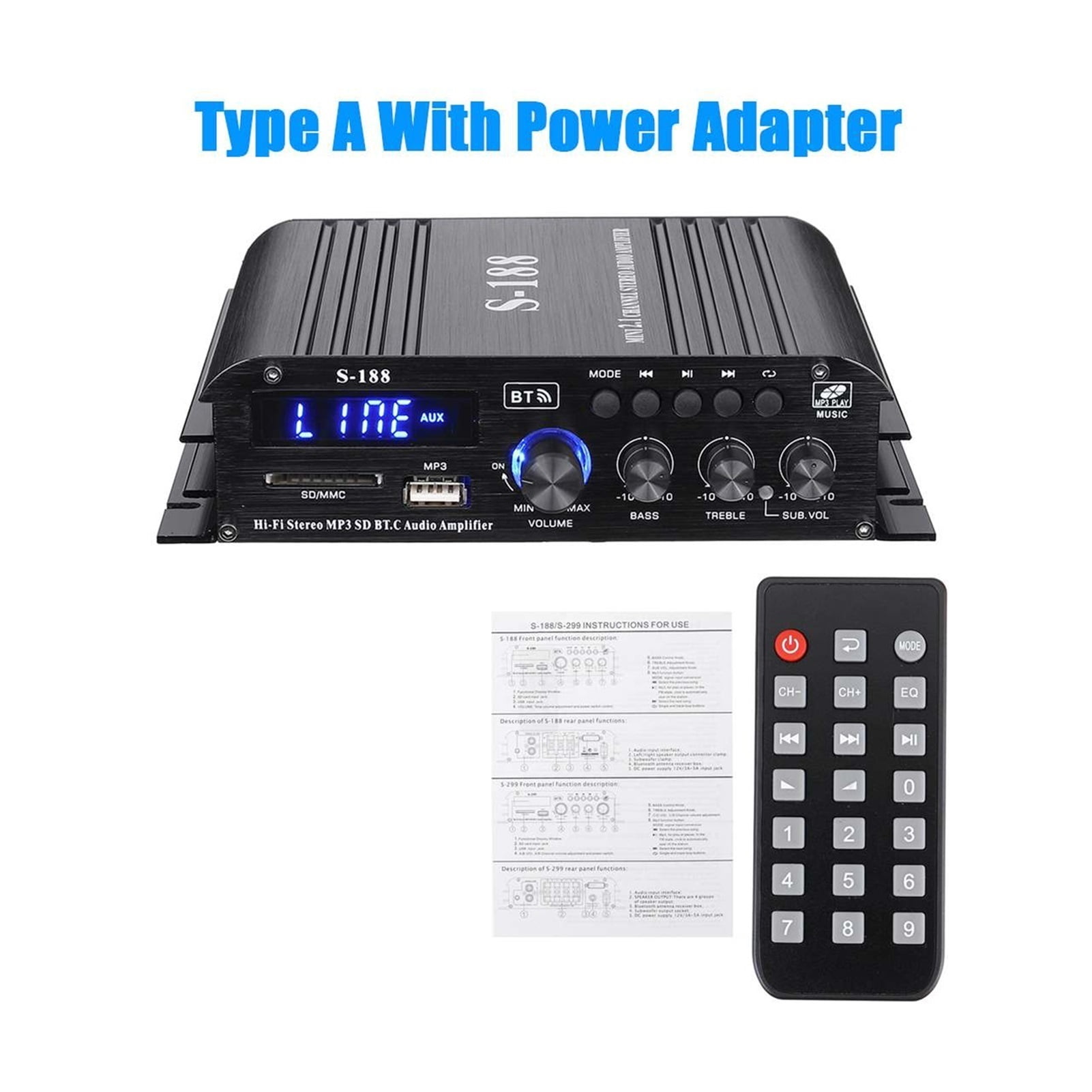 S188 2*400W+200W Bluetooth HiFi Power Amplifiers Stereo Home Car Audio ...