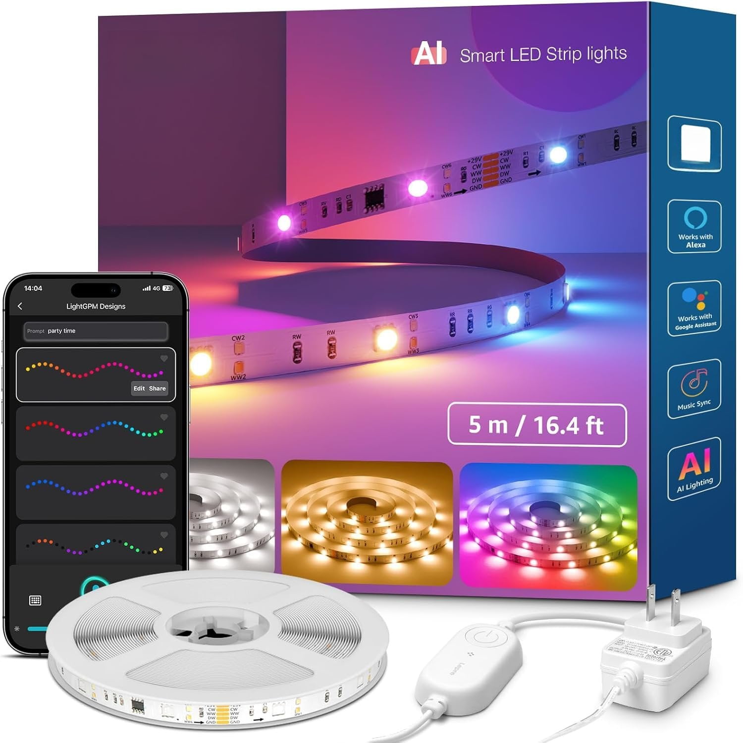 S2 AI Strip Lights - 16.4ft RGBCW Light Strips with 2700K-5700K Tunable ...