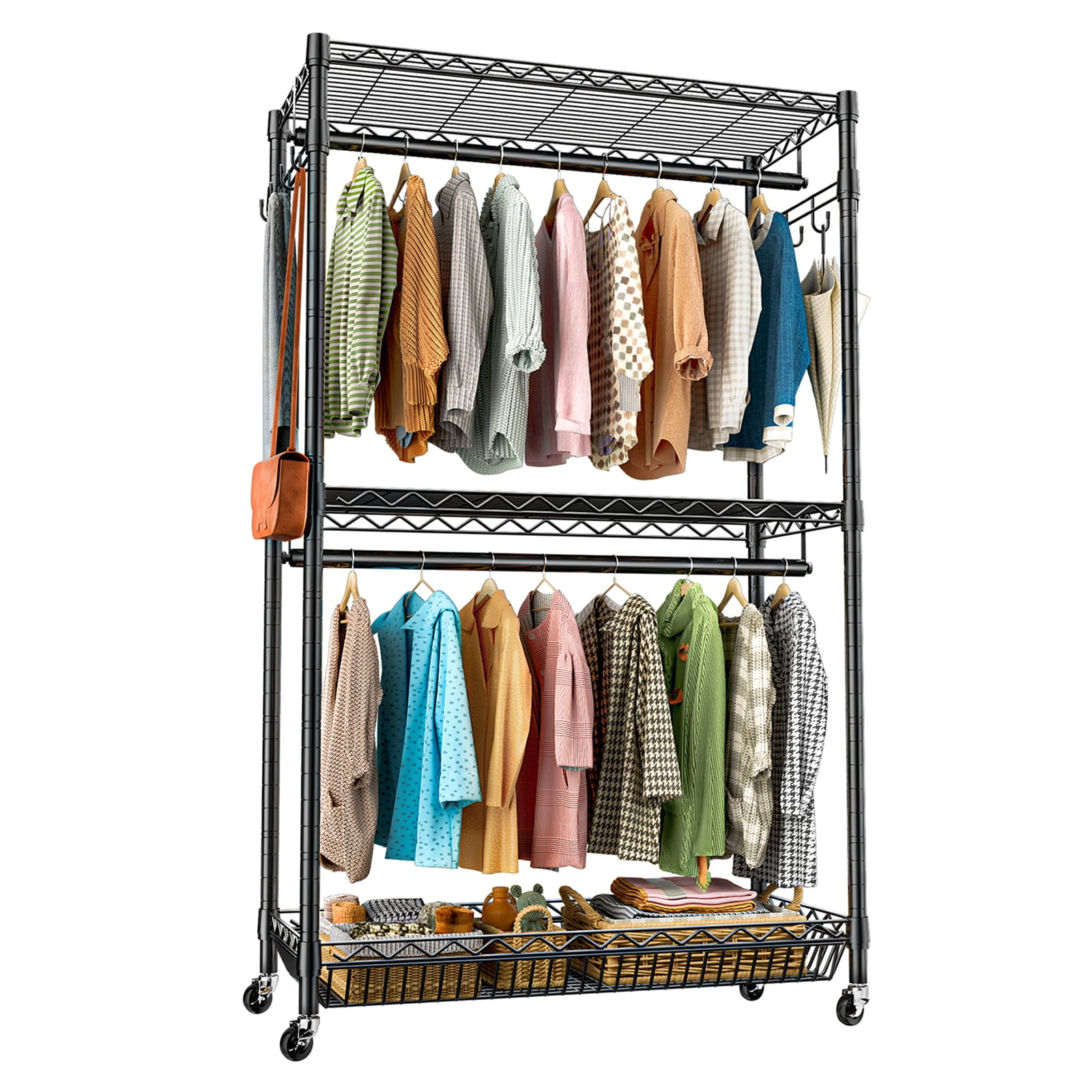 S3-M Portable Closets Rolling Clothes Rack 3 Tier Heavy Duty Clothing ...