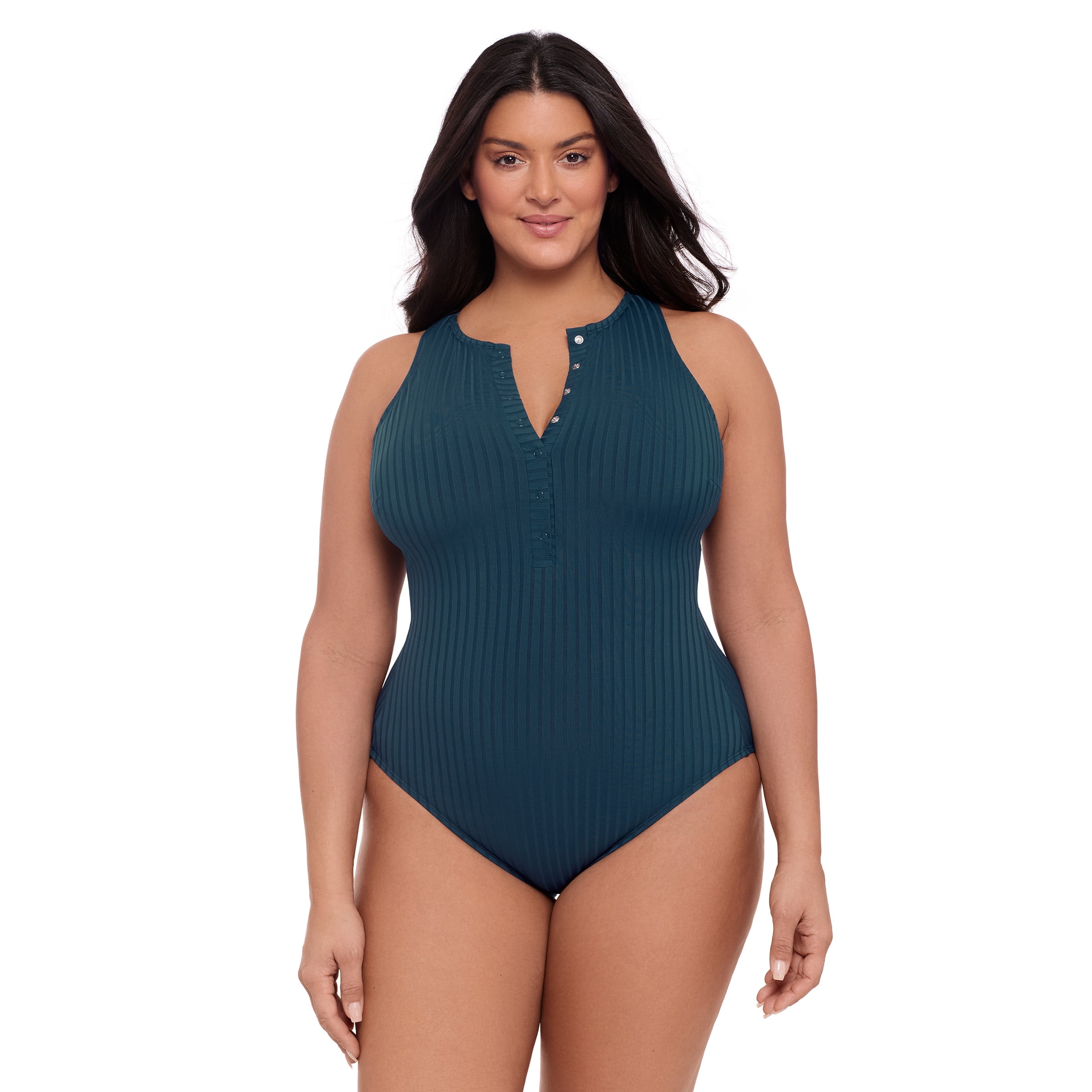 S3 Swim Smoothing Ribbed High Neck Snap Front One Piece Swimsuit - Sculpt, Support, Smooth ...