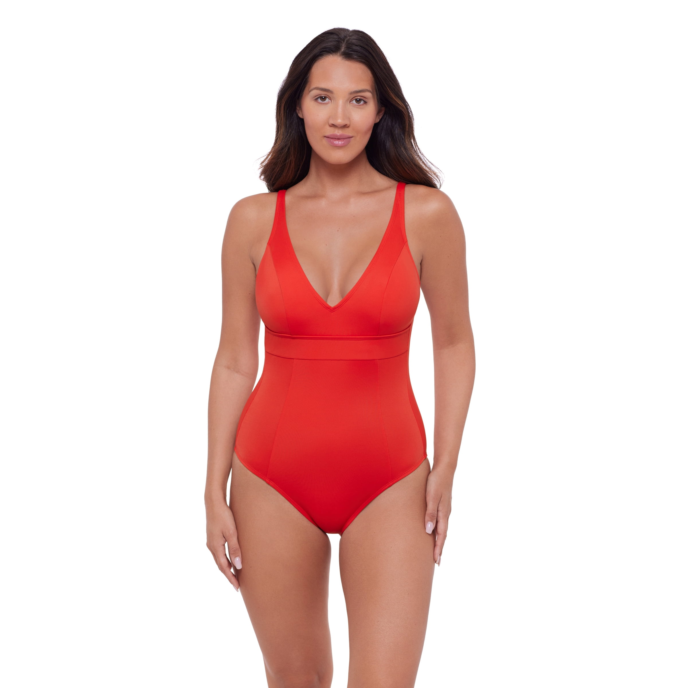Women's S3 Sculpting Banded Plunge V-Neck One-Piece Swimsuit - Scarlet Red - Walmart.com