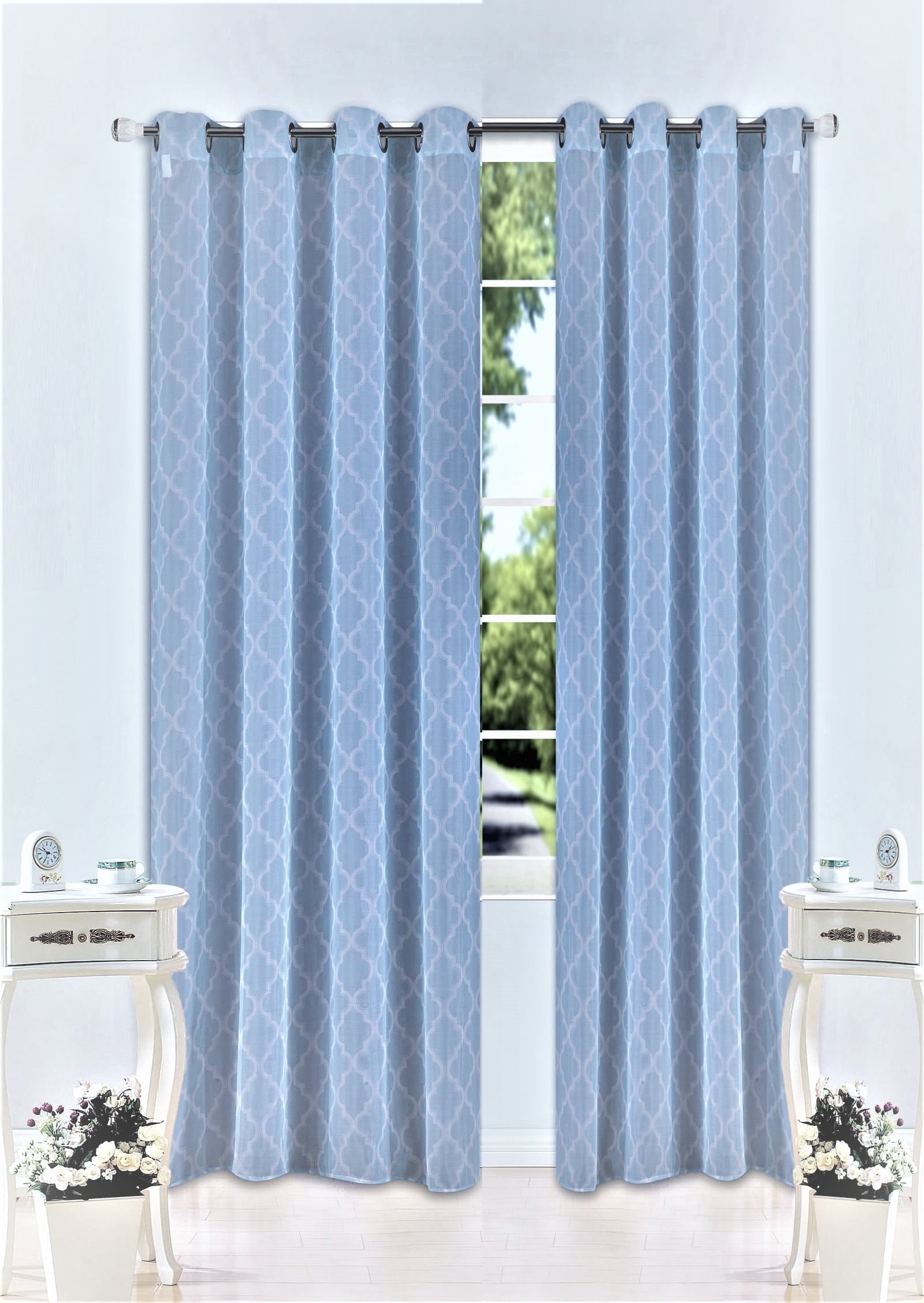 (S38) Light Blue/White 2pc Printed Sheer Grommet Window Treatment Set ...