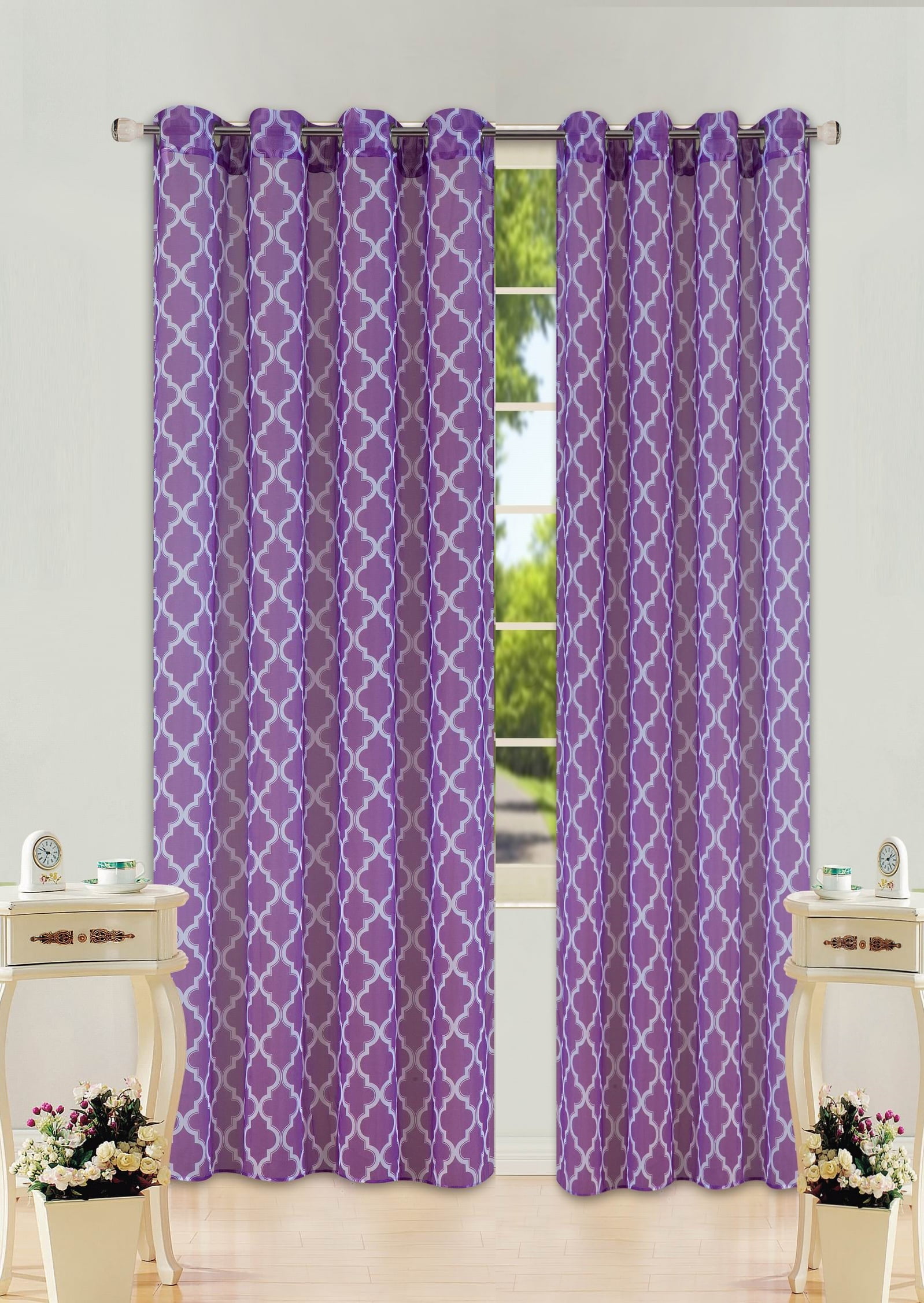 (S38) White/purple 2pc Printed Sheer Grommet Window Treatment Set, Two ...