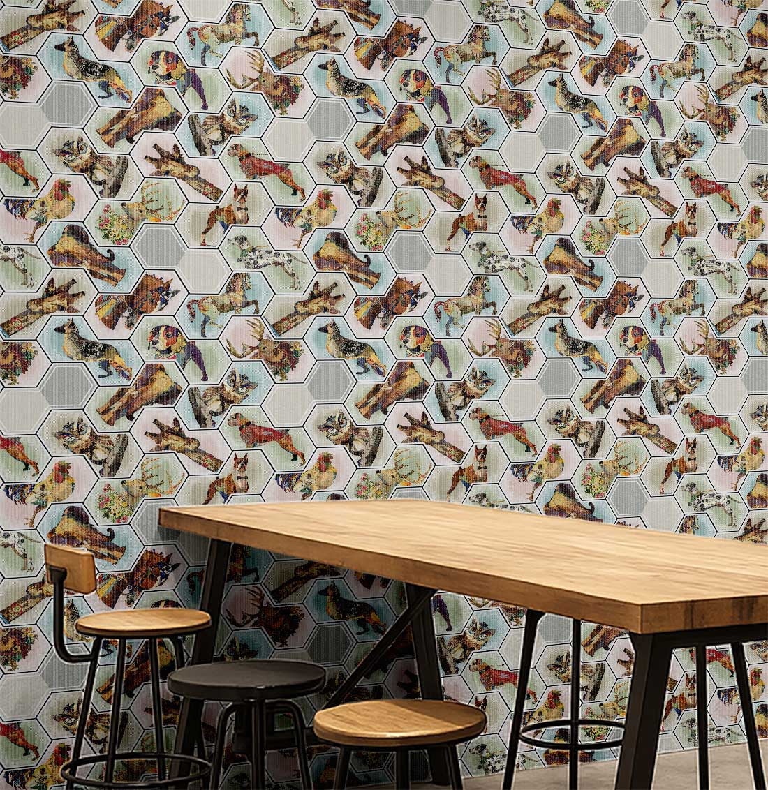 S4Sassy Animal Hexagon Print Wallpaper- Commercial Space Wall Covering ...