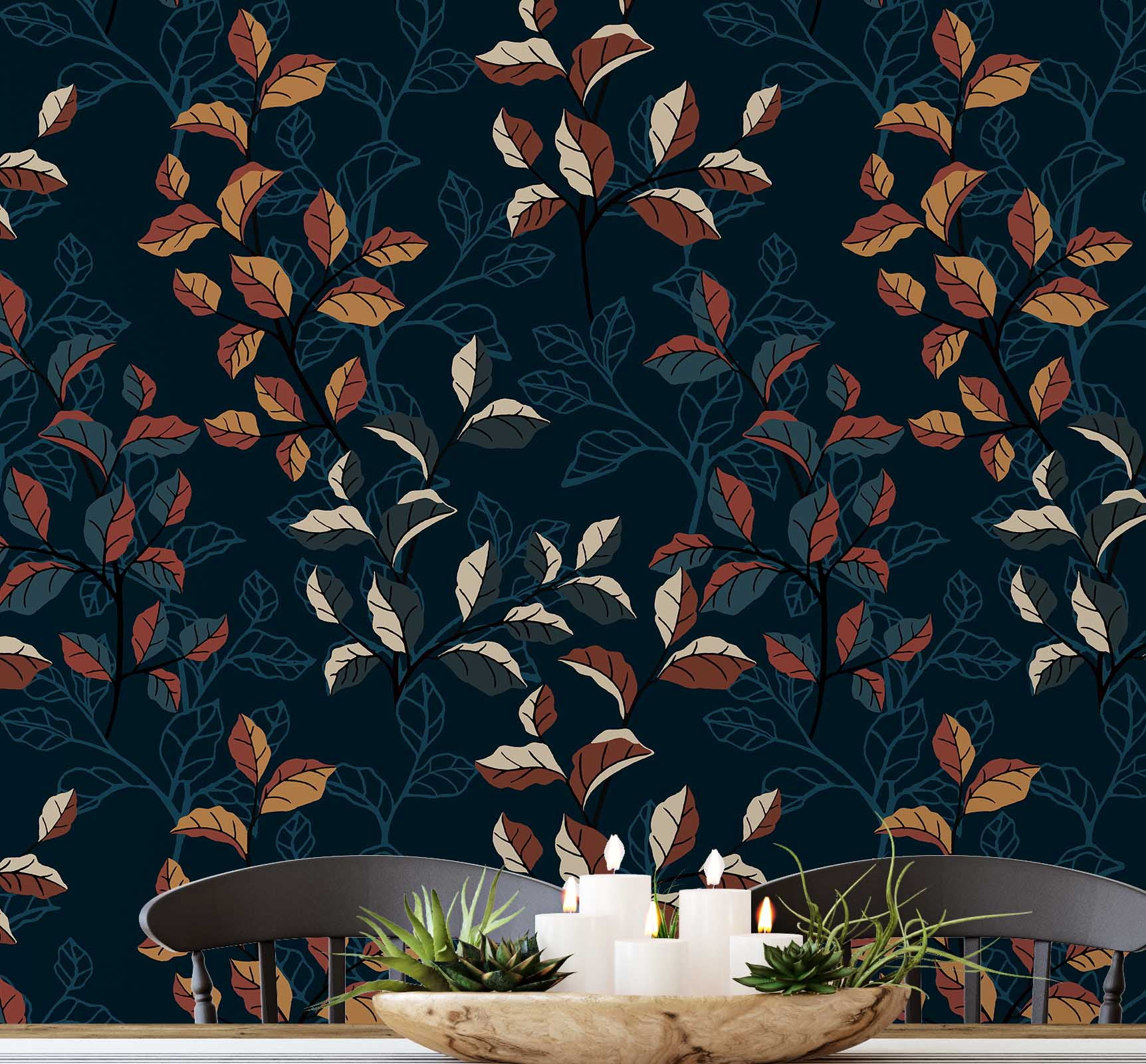 S4Sassy Autumn Leaf Wallpaper - Blue Foliage Wall Covering, 25" x 120 ...