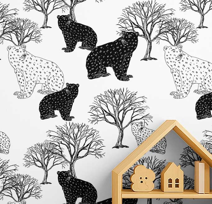 S4Sassy Bear and Tree Wallpaper - White Wall Covering, 25" x 120" Self ...