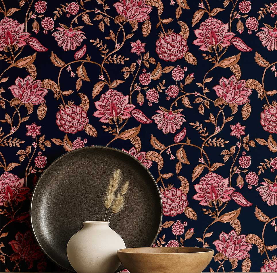 S4Sassy Botanical Floral Wallpaper - Blue Wall Covering, 25" x 120 ...