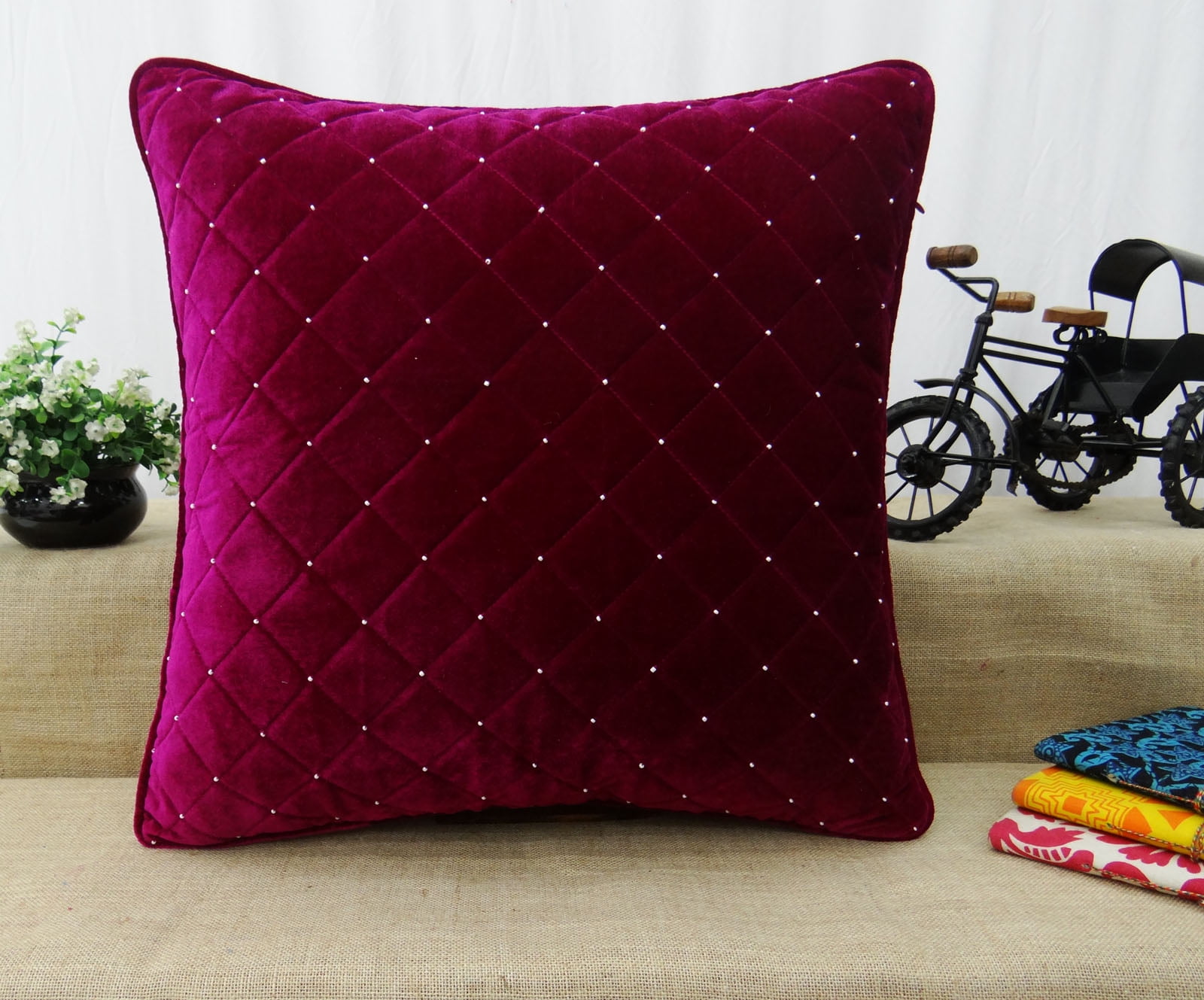 S4Sassy Decorative Hand Beaded Quilted Cushion Cover Case Royal Velvet ...
