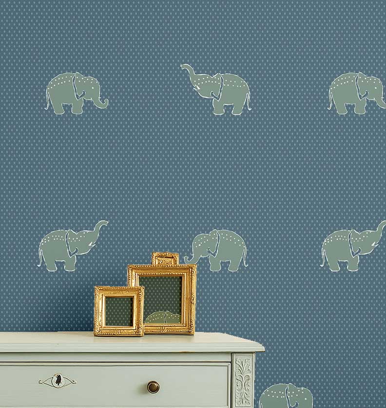 S4Sassy Elephant Print Wallpaper - Blue Wall Covering, 25" x 120" Self ...