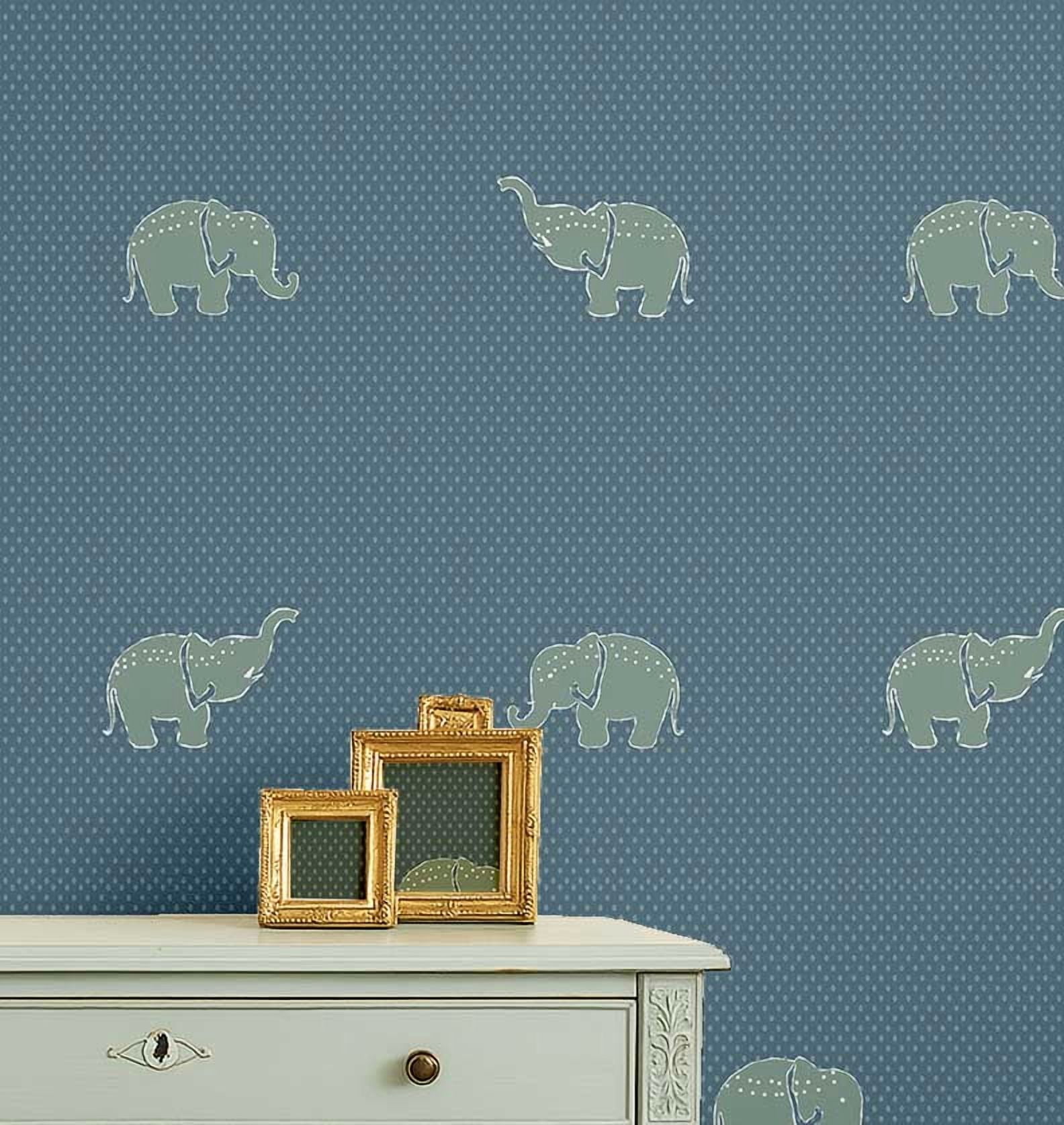 S4Sassy Elephant Print Wallpaper - Blue Wall Covering, 25" x 120" Self ...