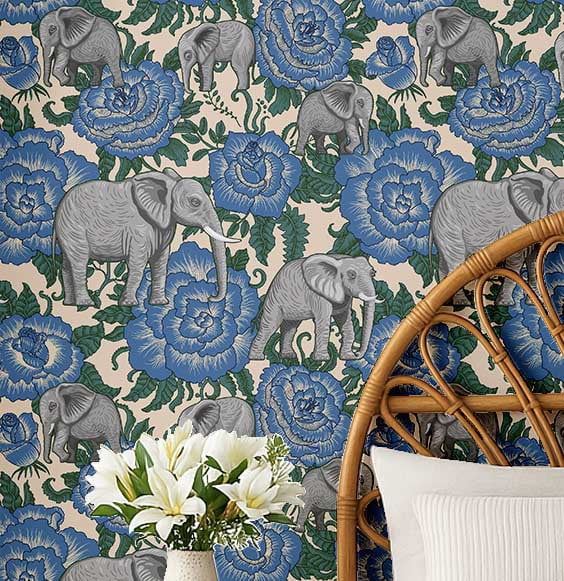 S4Sassy Elephant With Rose Wallpaper- Asian Style Wall Covering, 25" X ...