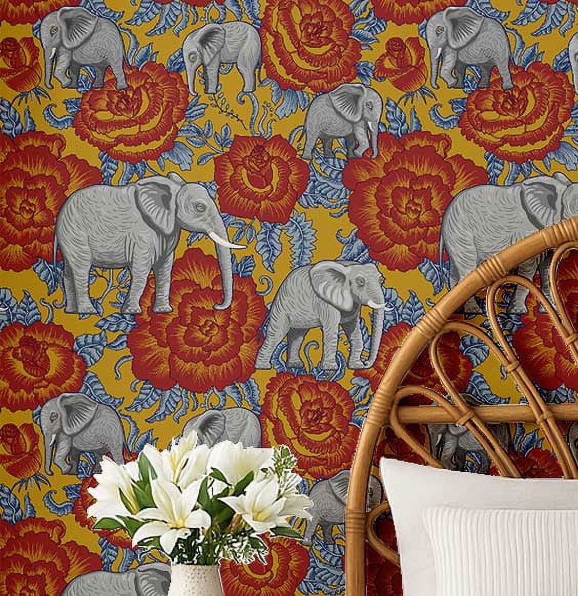 S4Sassy Elephant With Rose Wallpaper - Asian Style Wall Covering, 25" X ...